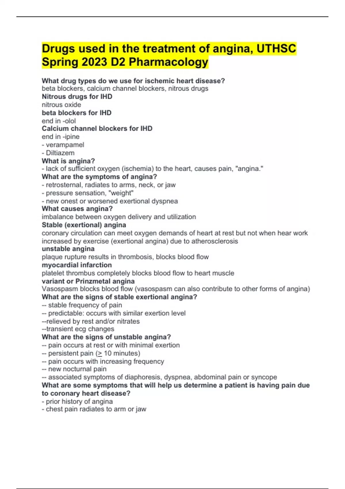 Drugs used in the treatment of angina, UTHSC Spring 2023 D2 ...