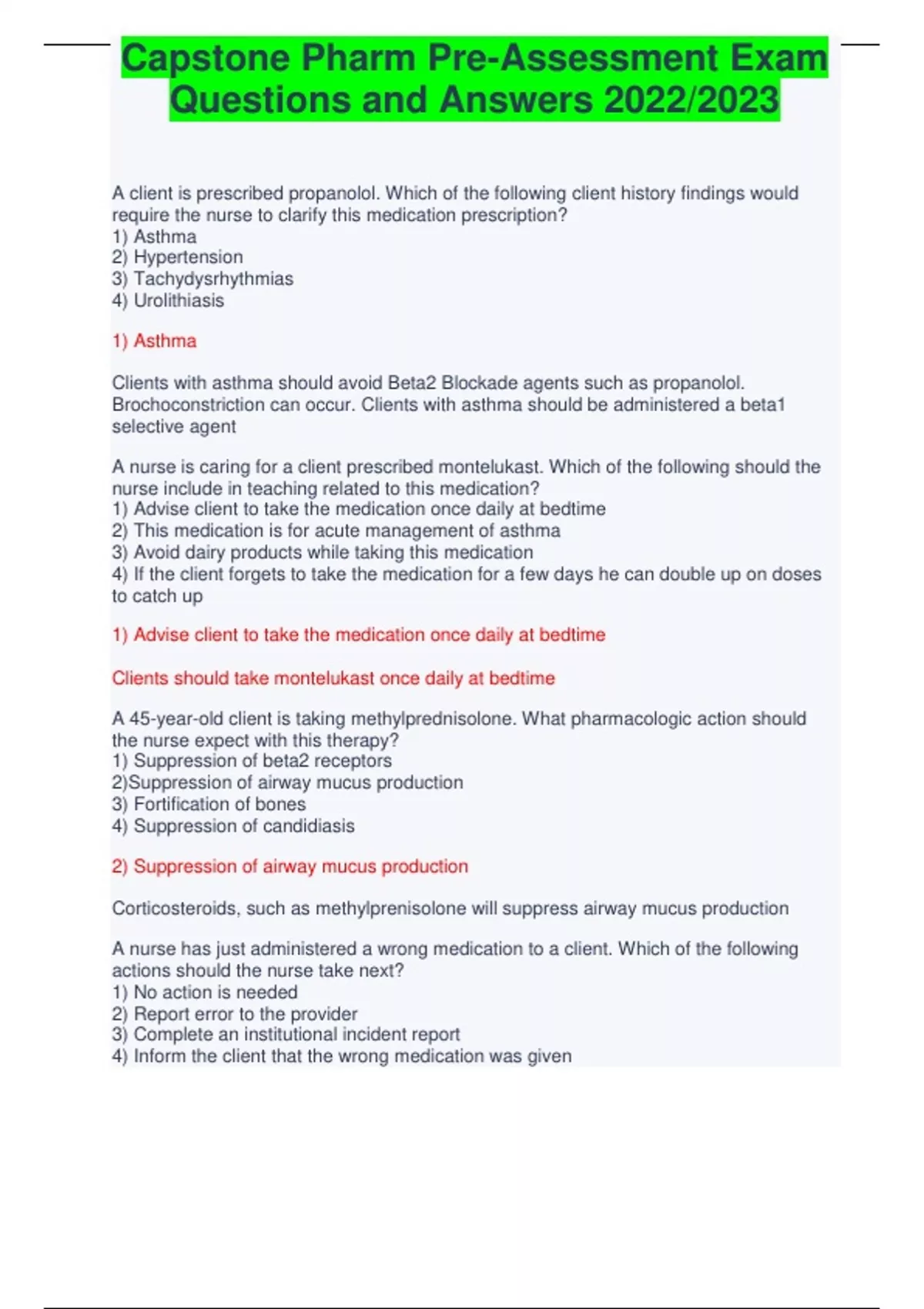 ATI Capstone Pharm Pre-Assessment Exam Questions and Answers 2022/2023 - Pharmacology - Stuvia US
