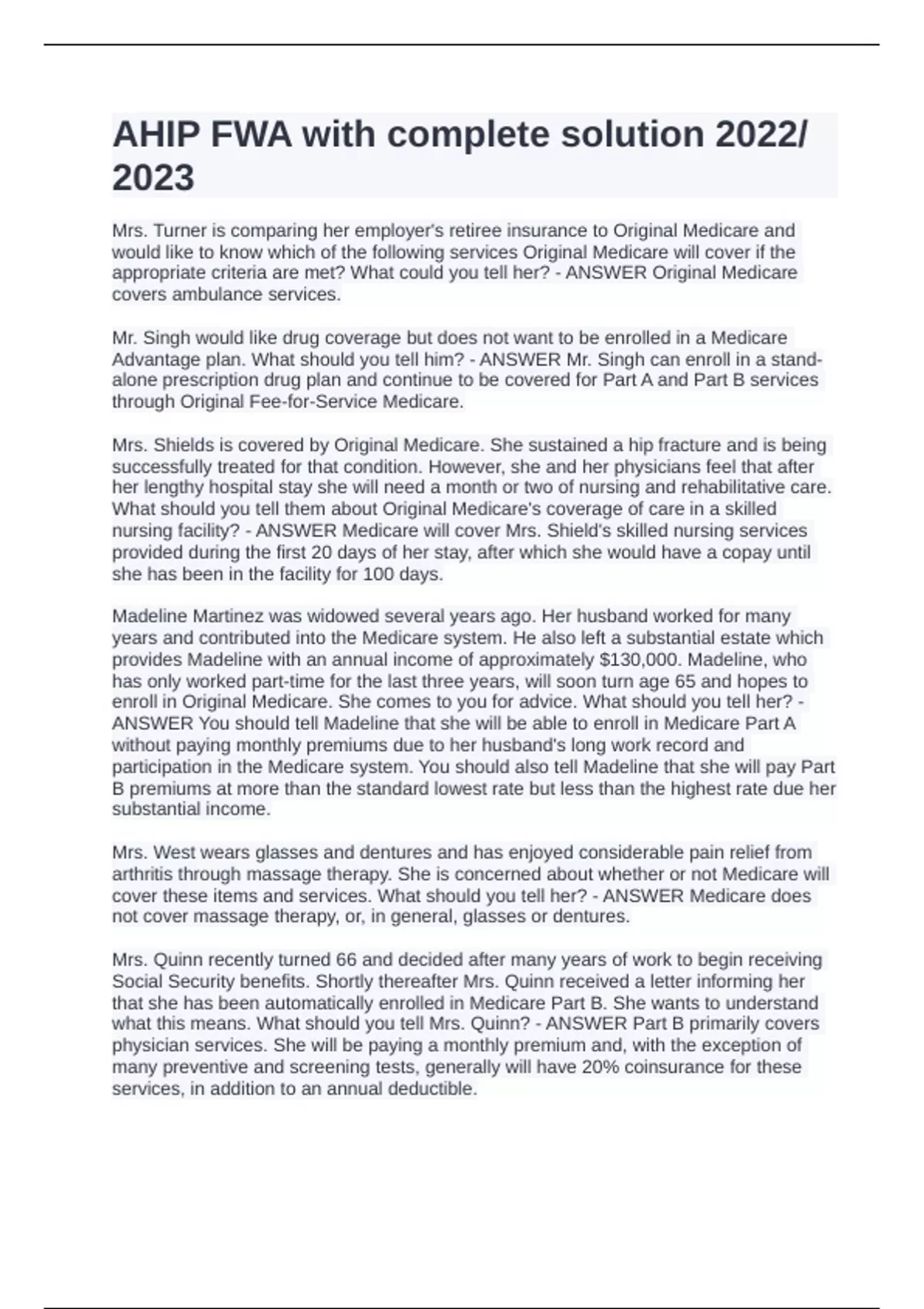 AHIP FWA with complete solution 2023 - BSN, RN - Stuvia US