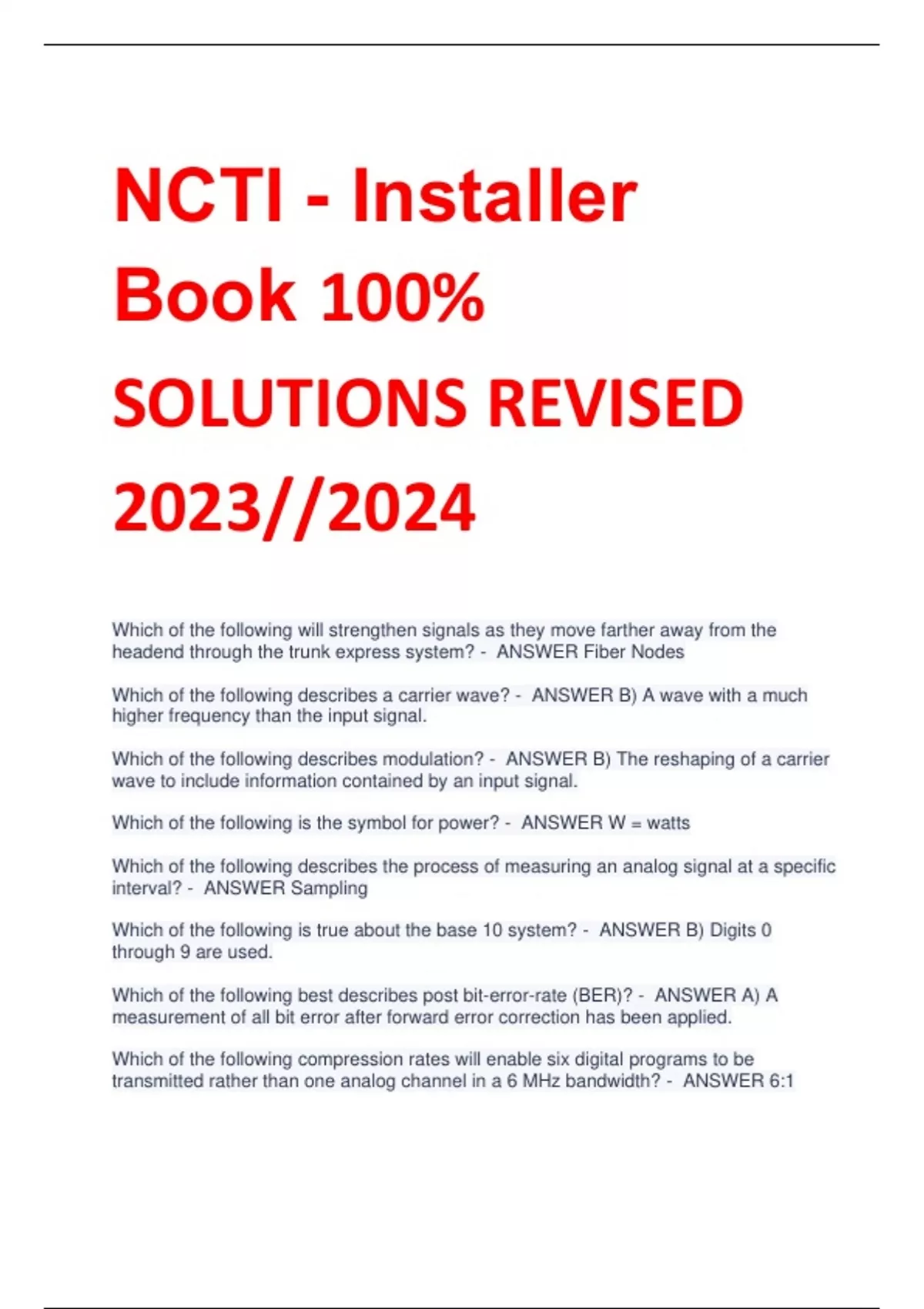 NCTI - Installer Book 100% SOLUTIONS REVISED 2023//2024 - NCTI - Stuvia NL