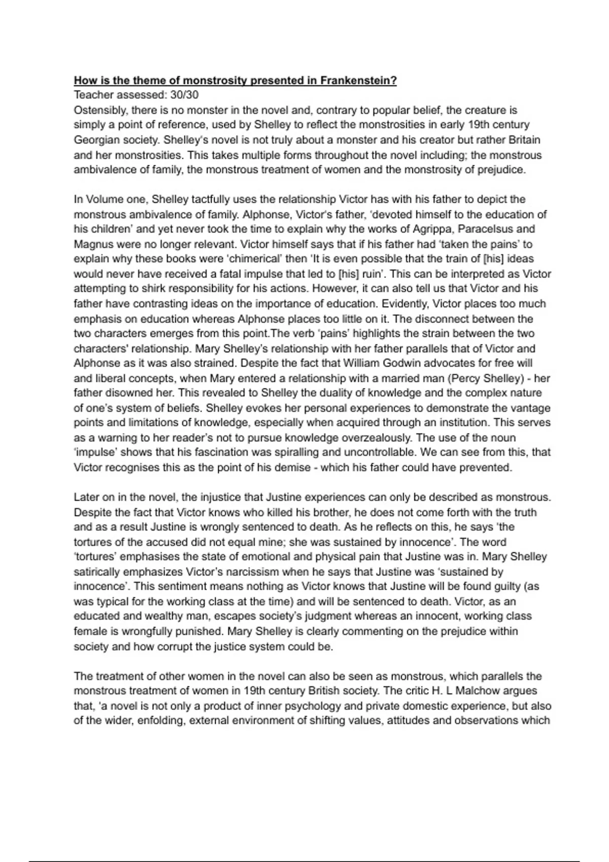 GCSE Frankenstein essay - Monstrosity - Full marks - English - Stuvia UK