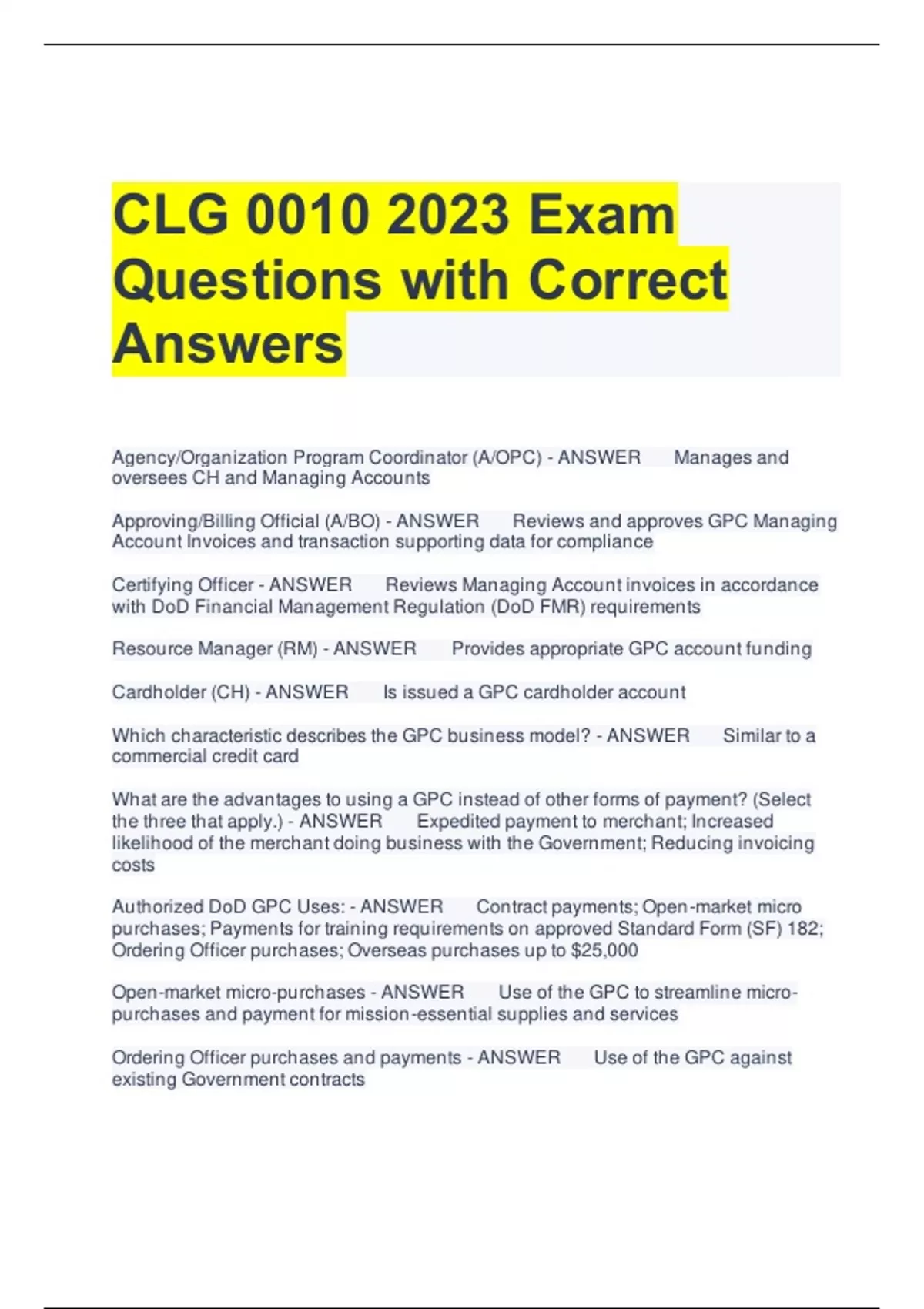 CLG Exam Questions with Correct Answers - CLG 0010 - Stuvia US