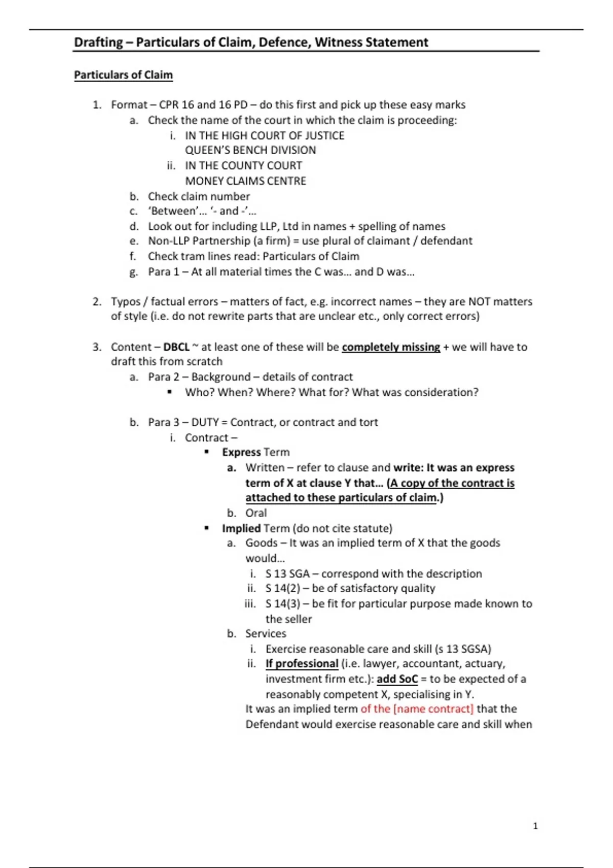 Summary LPC Notes Civil Litigation - Drafting - Particulars of Claim ...