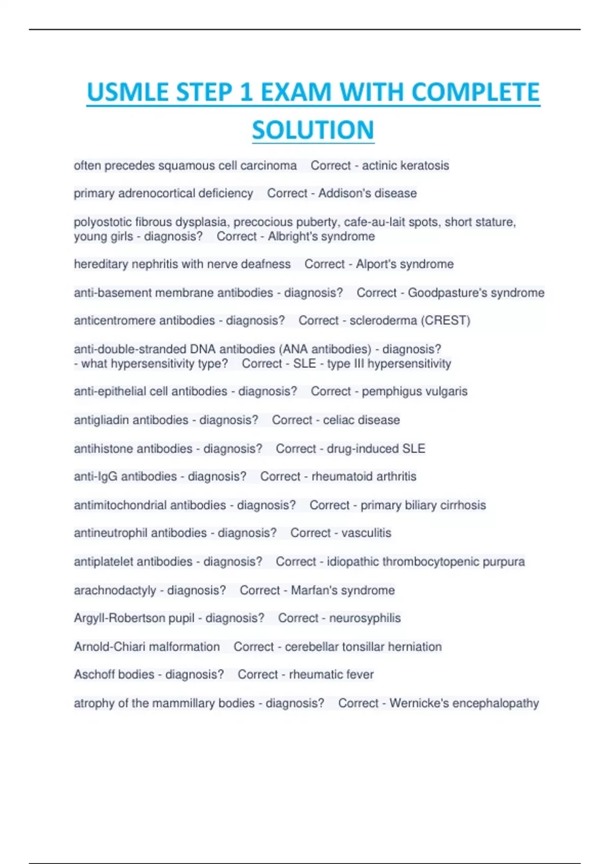 USMLE STEP 1 EXAM WITH COMPLETE SOLUTION COMPLETE RATRED A - USMLE ...