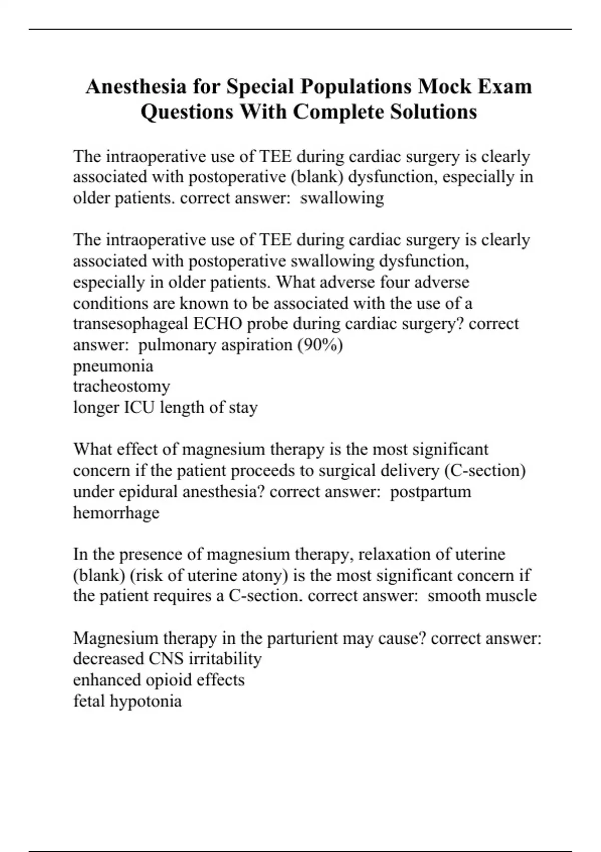 Anesthesia for Special Populations Mock Exam Questions With Complete Solutions - APEX - Stuvia US