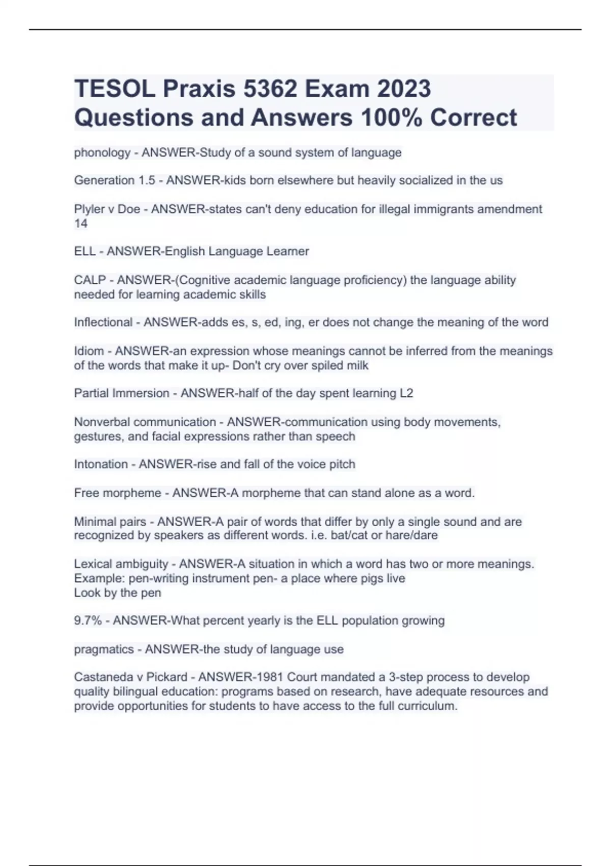 TESOL Praxis 5362 Exam 2023 Questions and Answers 100% Correct - TESOL ...