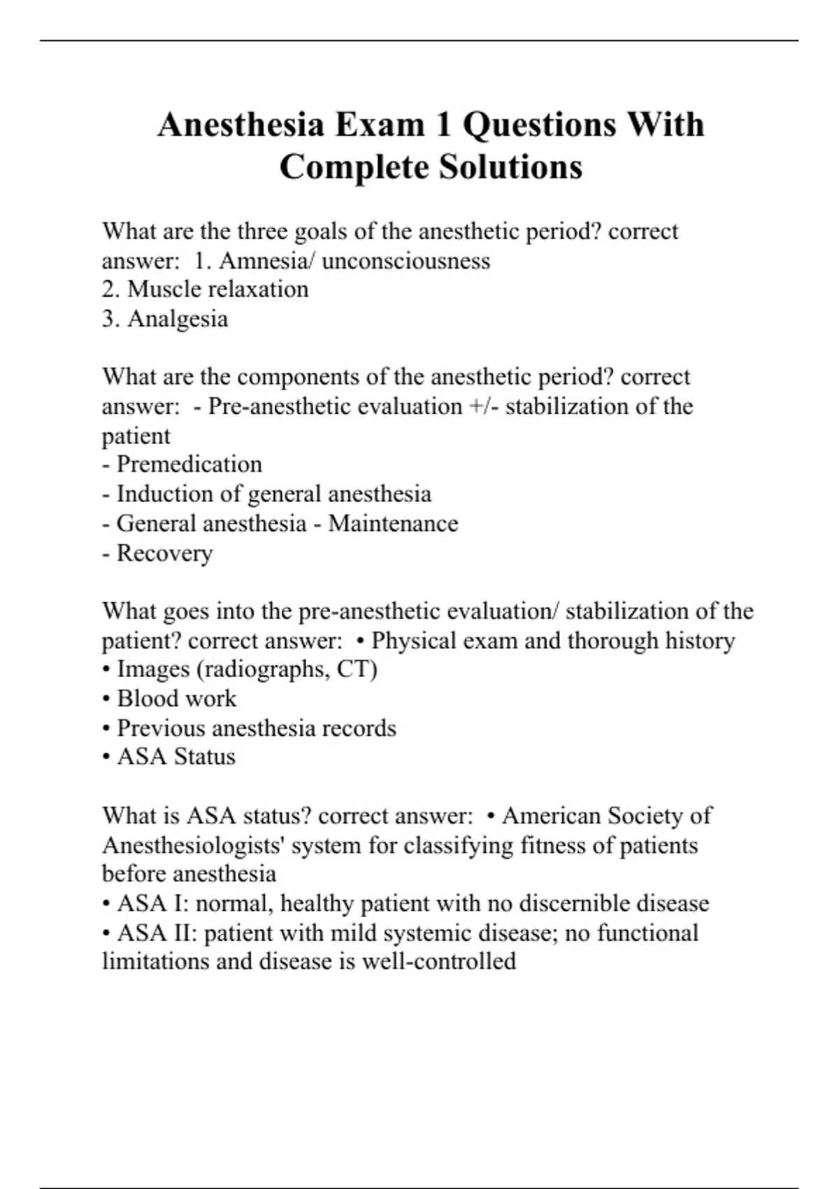 Anesthesia Exam 1 Questions With Complete Solutions - Apex - Stuvia US