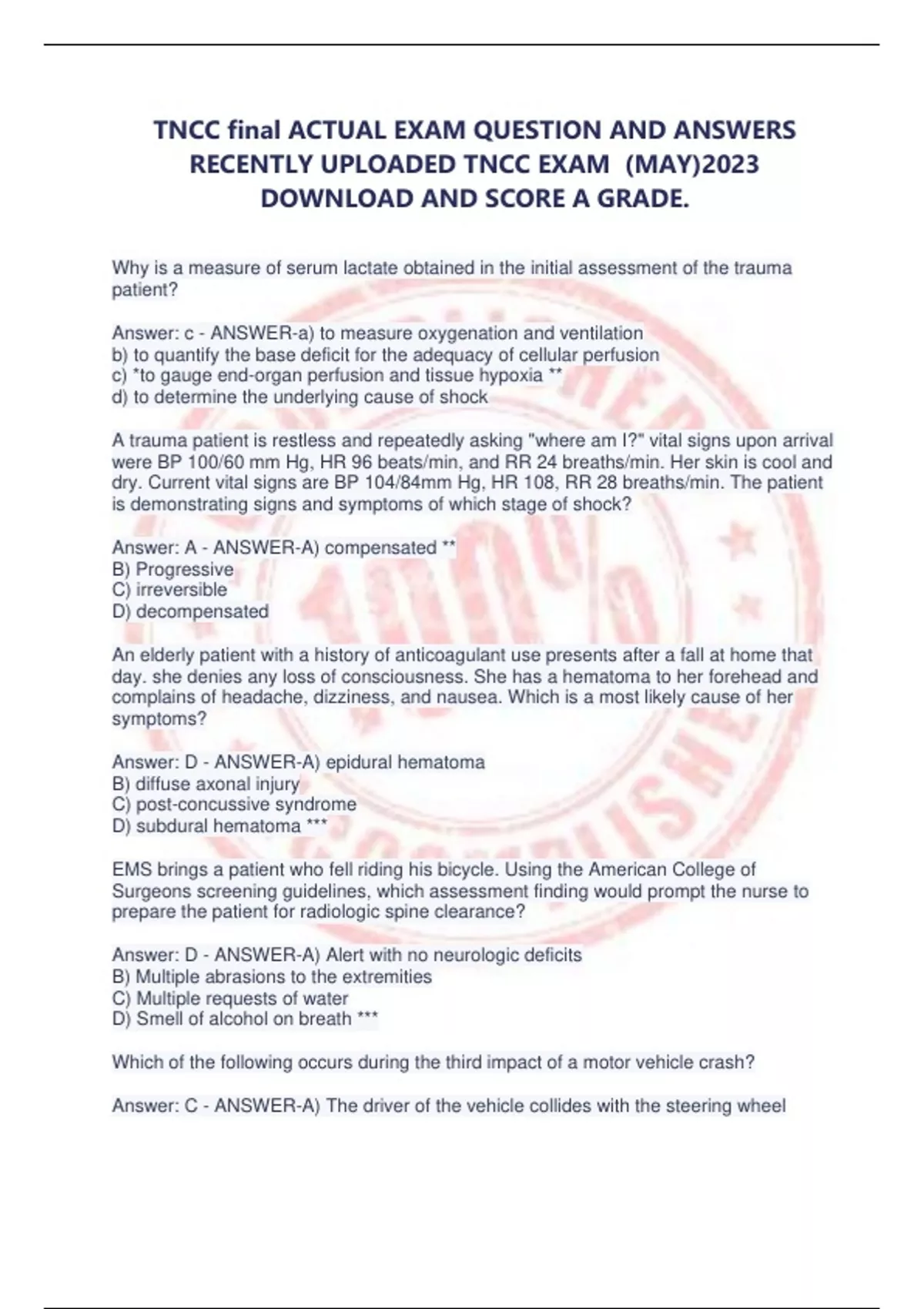 TNCC final ACTUAL EXAM QUESTION AND ANSWERS RECENTLY UPLOADED TNCC EXAM ...