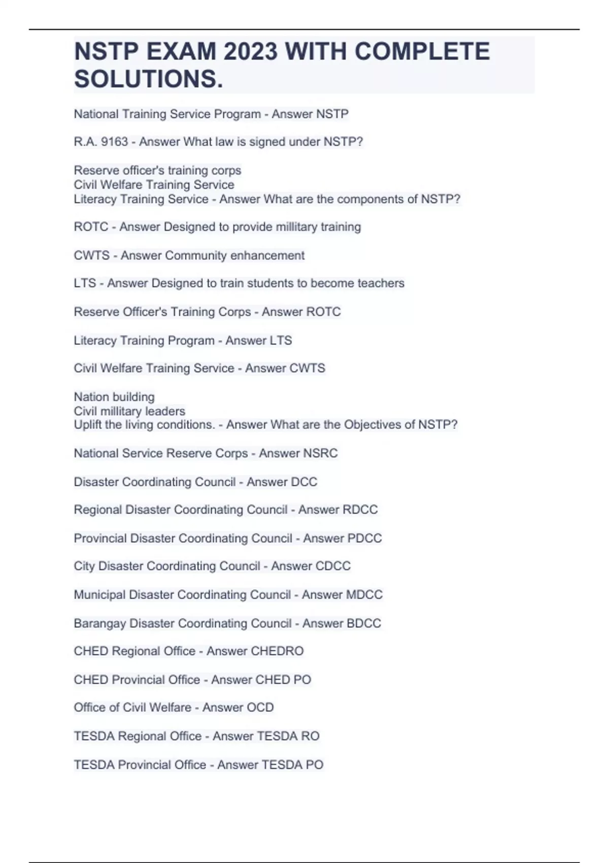 NSTP EXAM 2023 WITH COMPLETE SOLUTIONS. - NSTP - Stuvia US