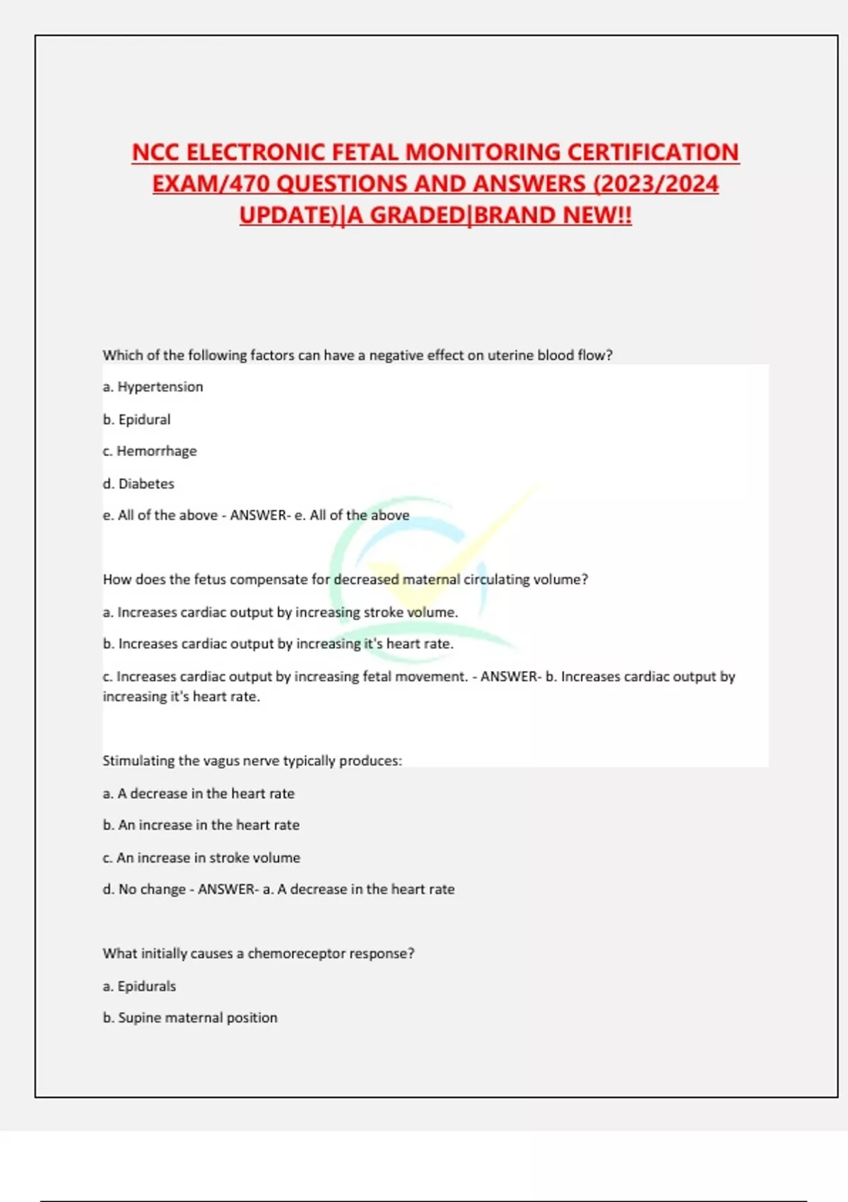 NCC ELECTRONIC FETAL MONITORING CERTIFICATION EXAM/470 QUESTIONS AND ...