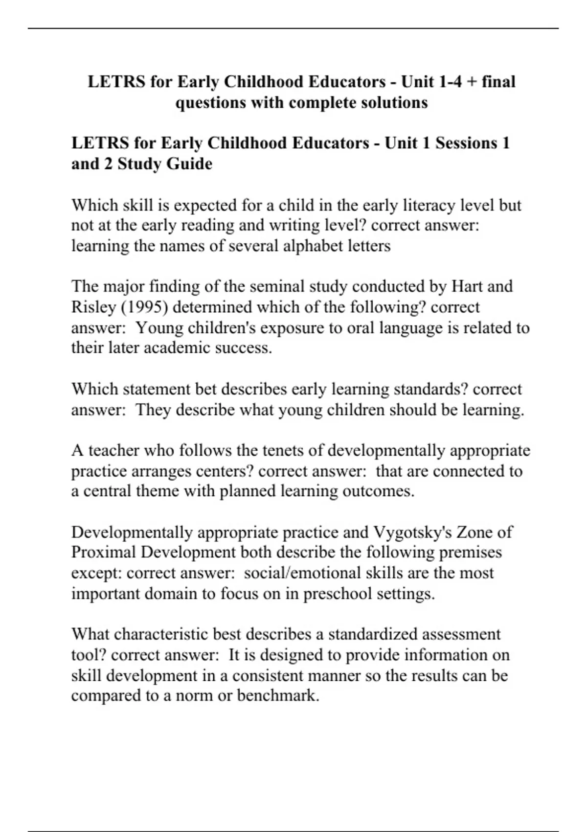 LETRS for Early Childhood Educators - Unit 1-4 + final questions with ...