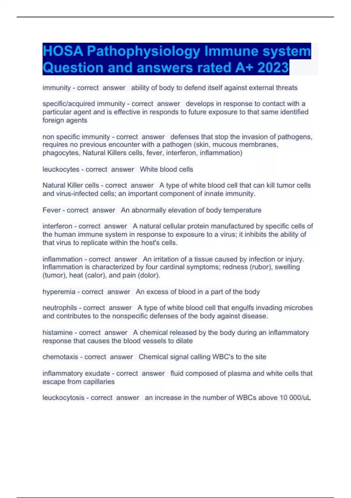 HOSA Pathophysiology Immune system Question and answers rated A+ 2023 - HOSA Pathophysiology ...