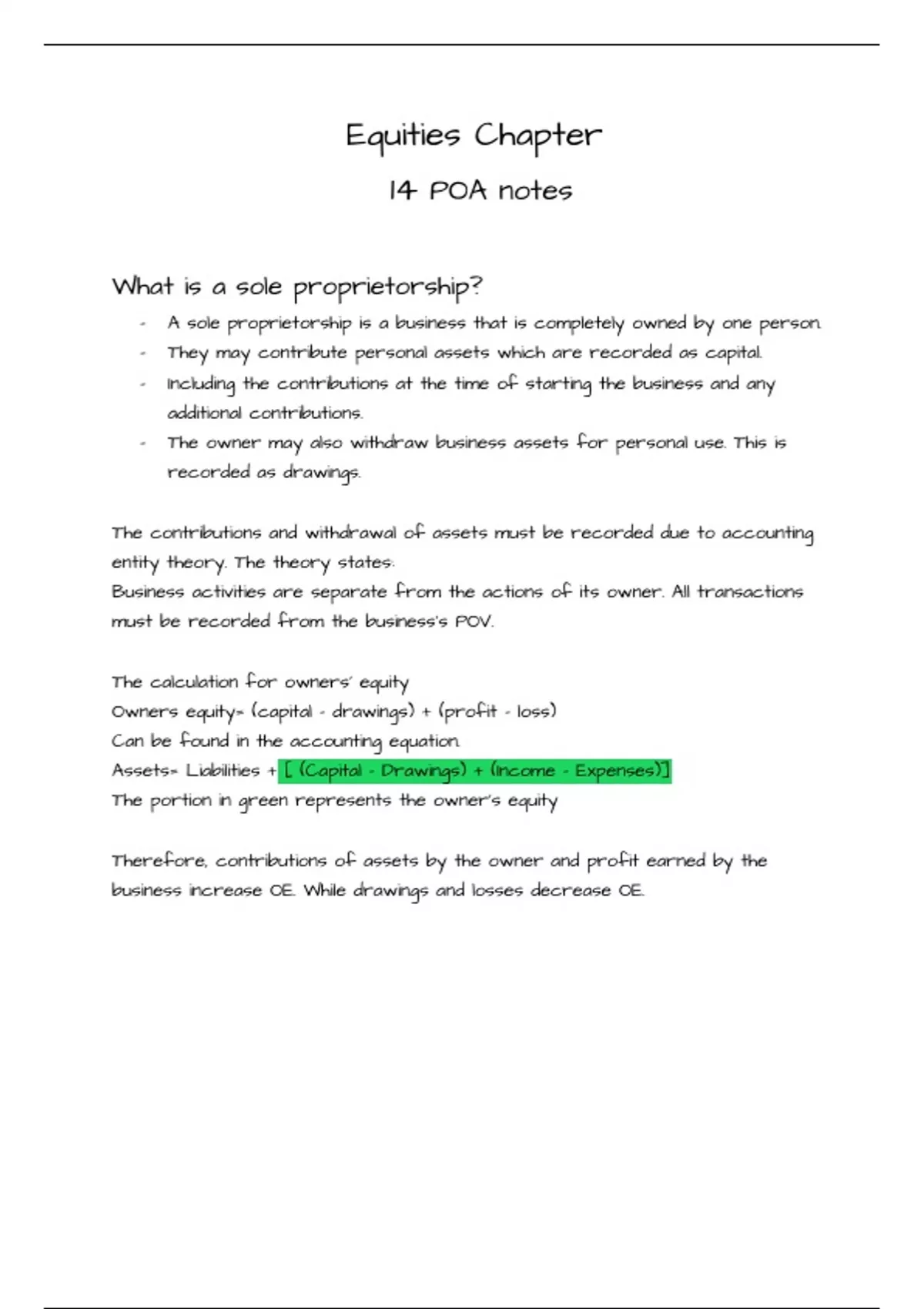 O level accounting notes on Equity - POA - Stuvia US