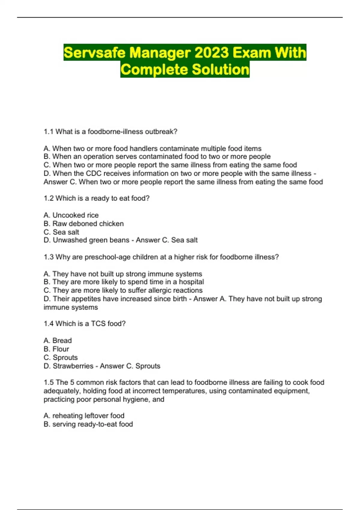 Servsafe Manager 2023 Exam With Complete Solution - ServSafe Manager - Stuvia US