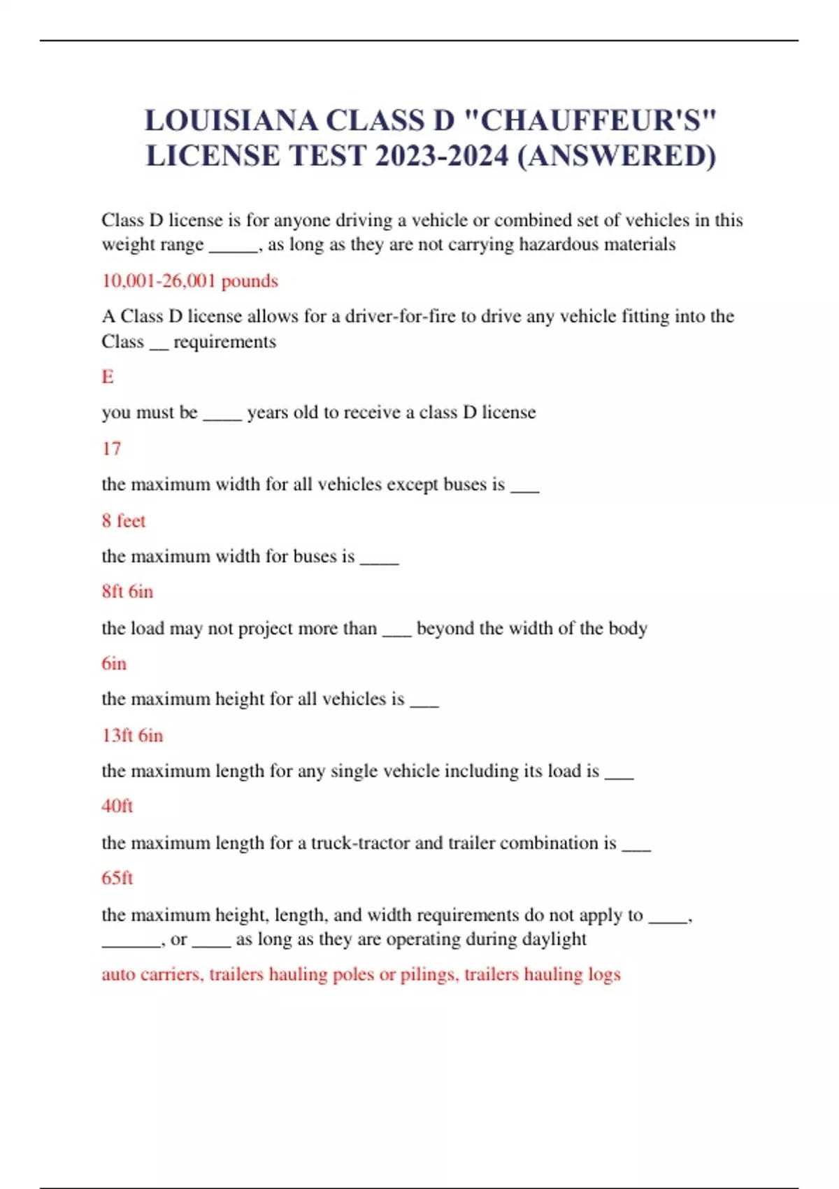 LOUISIANA CLASS D "CHAUFFEUR'S" LICENSE TEST (ANSWERED) - DRIVERS ED ...