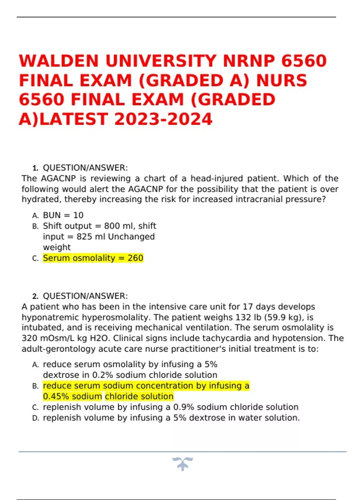 WALDEN UNIVERSITY NRNP 6560 FINAL EXAM (GRADED A) NURS 6560 FINAL EXAM ...