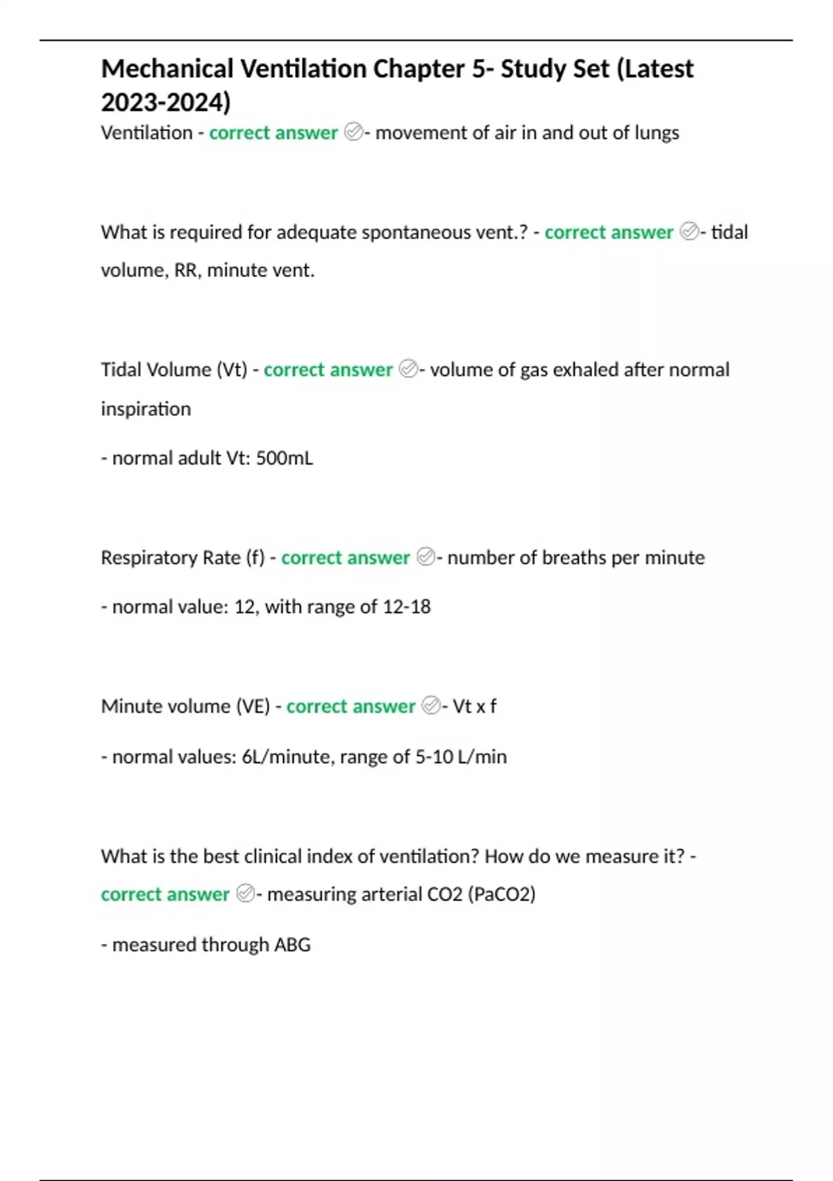 Mechanical Ventilation Chapter 5- Study Set (Latest ) - Mechanical ...