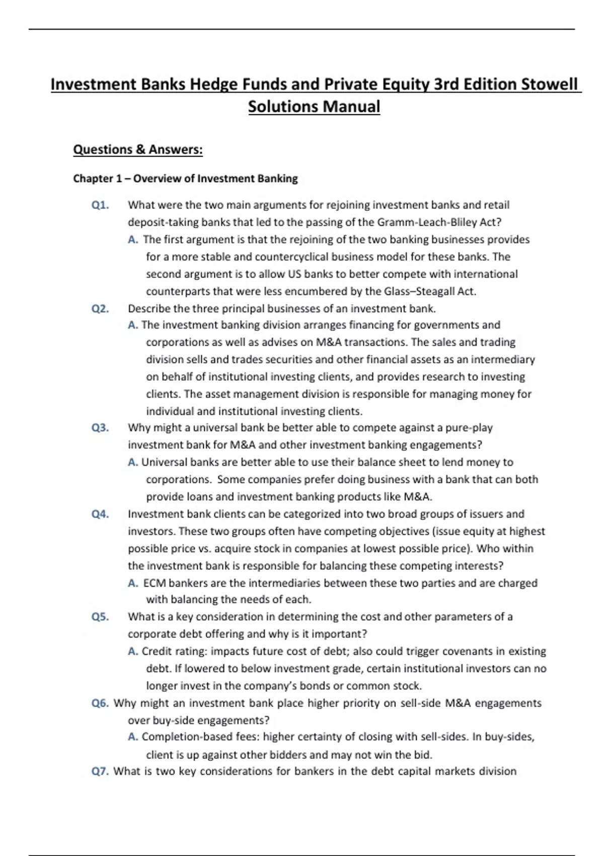 Solution Manual for Investment Banks, Hedge Funds, and Private Equity 3rd Edition / All Chapters ...