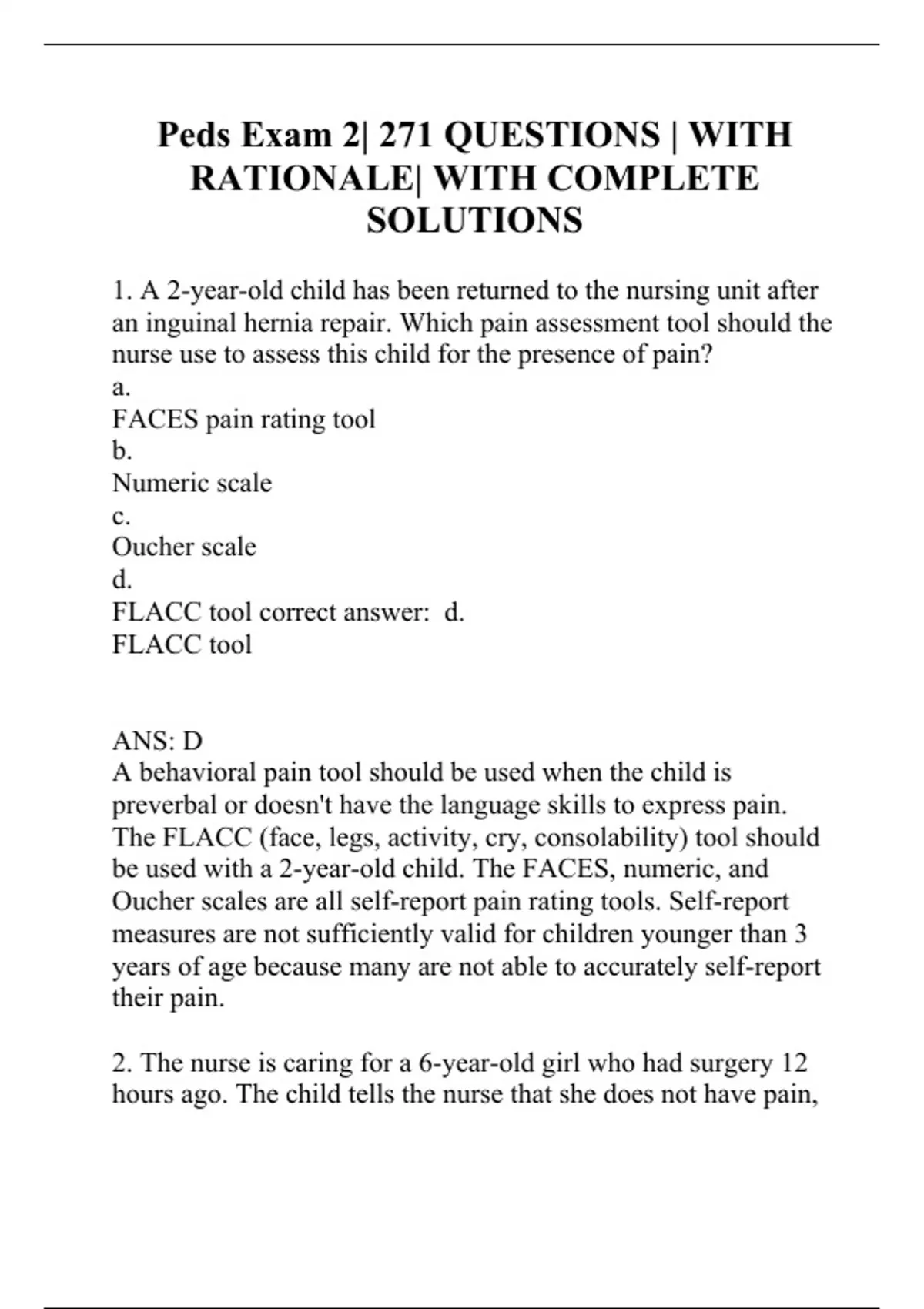 Peds Exam 2| 271 QUESTIONS | WITH RATIONALE| WITH COMPLETE SOLUTIONS ...