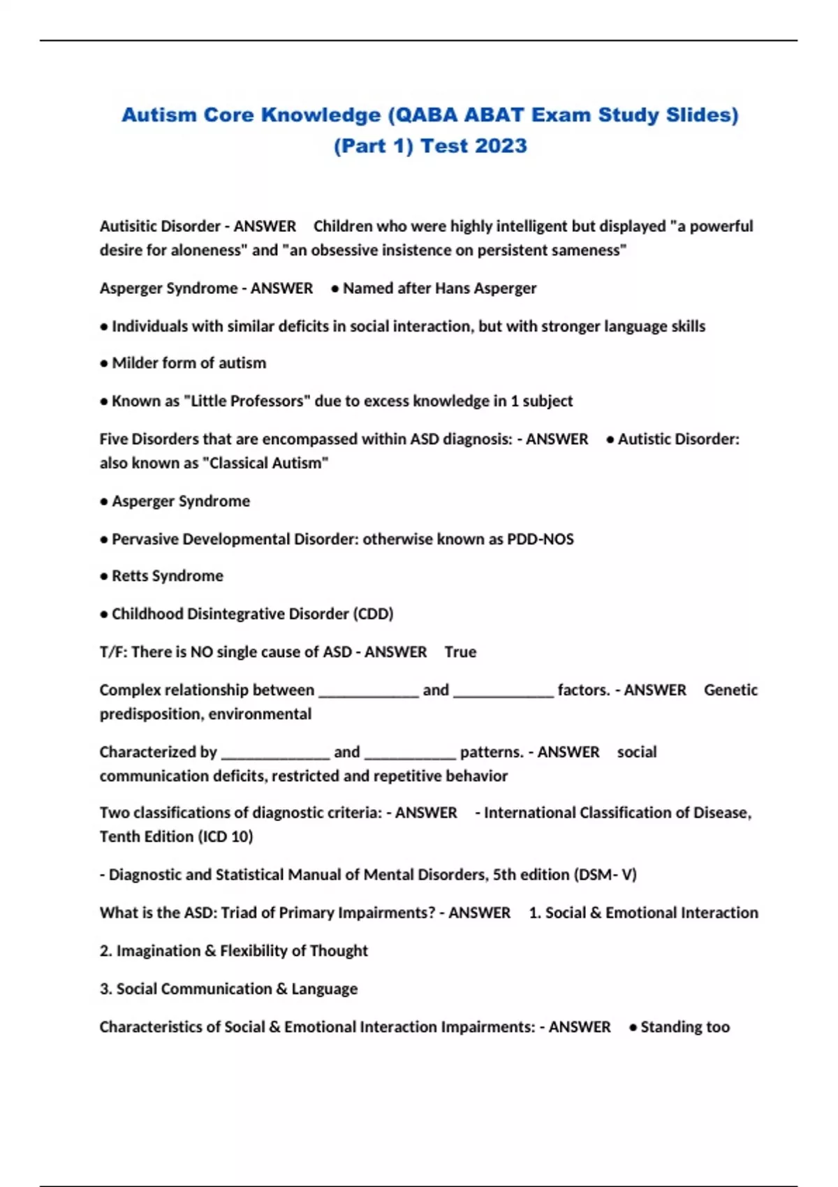 Autism Core Knowledge (QABA ABAT Exam Study Slides) (Part 1) Test 2023 ...