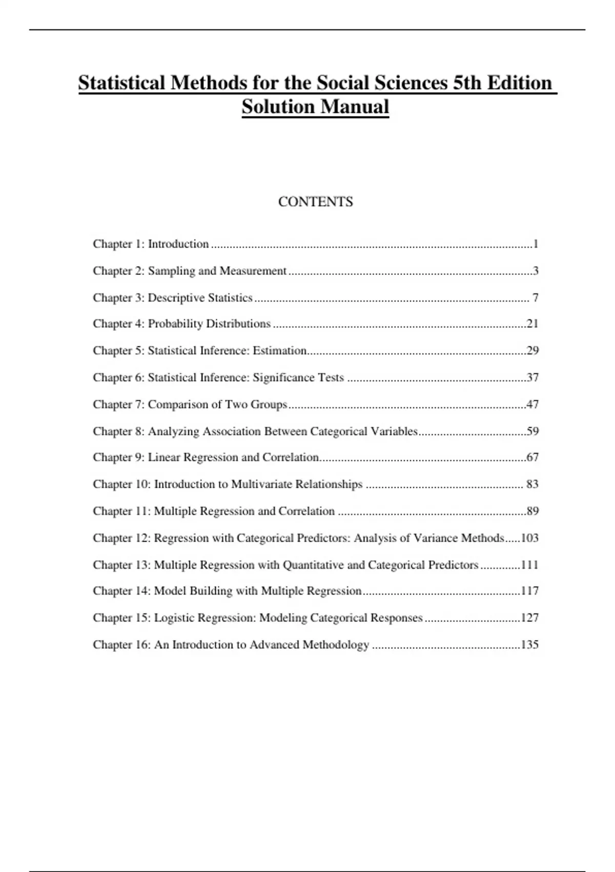 Solution Manual For Statistical Methods For The Social Sciences 5th