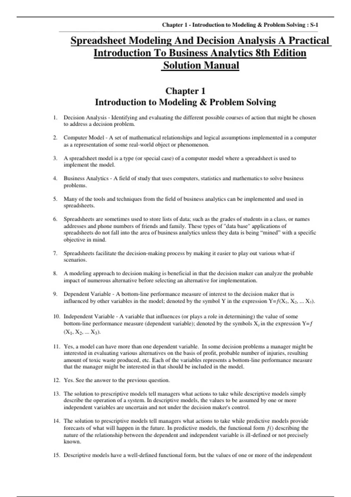 Solution Manual for Spreadsheet Modeling And Decision Analysis A Practical Introduction To ...