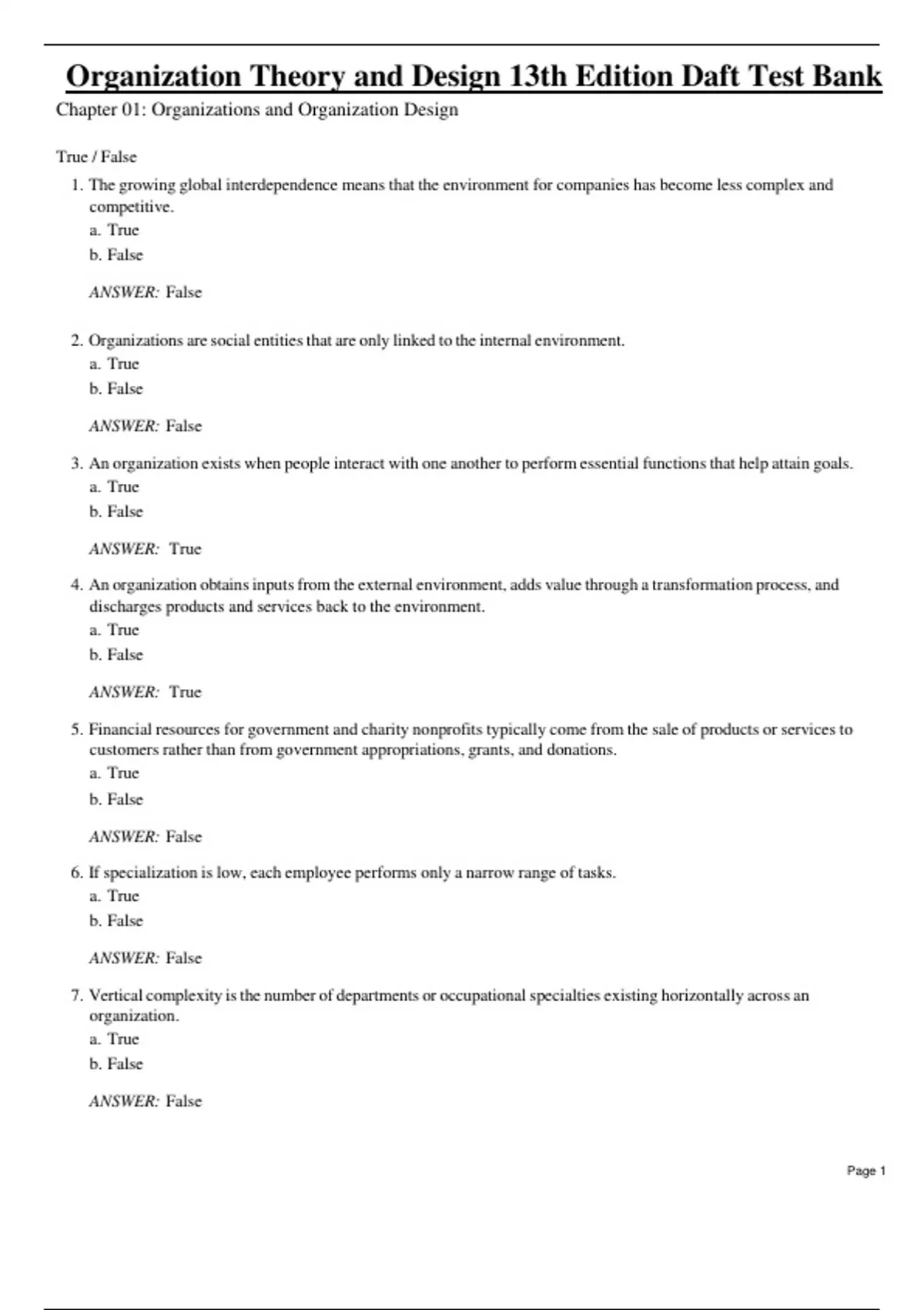 Complete Test Bank Organization Theory and Design 13th Edition Daft ...