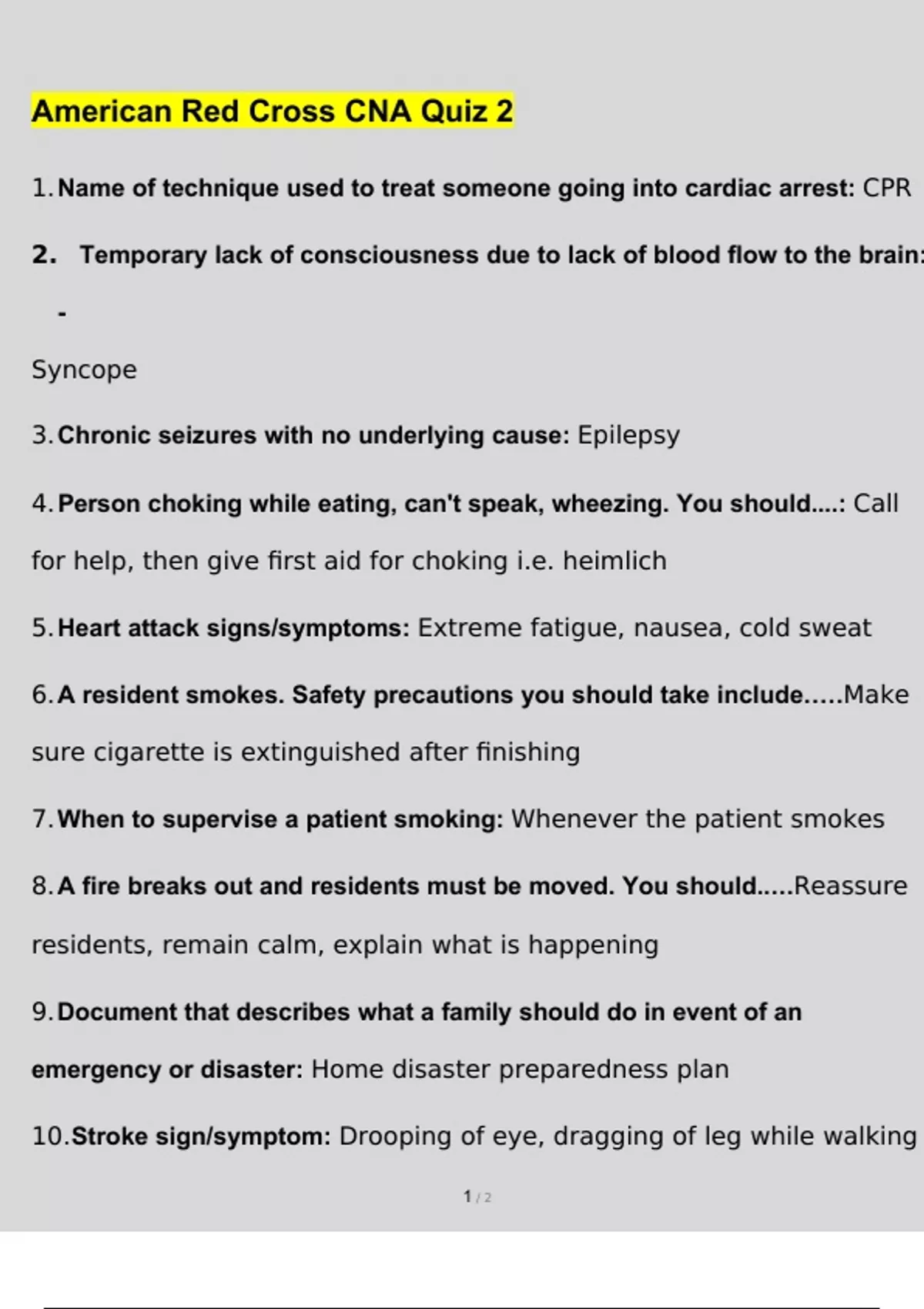 American Red Cross CNA Quiz 2 Exam 2025 Questions and Answers (2025 / ...