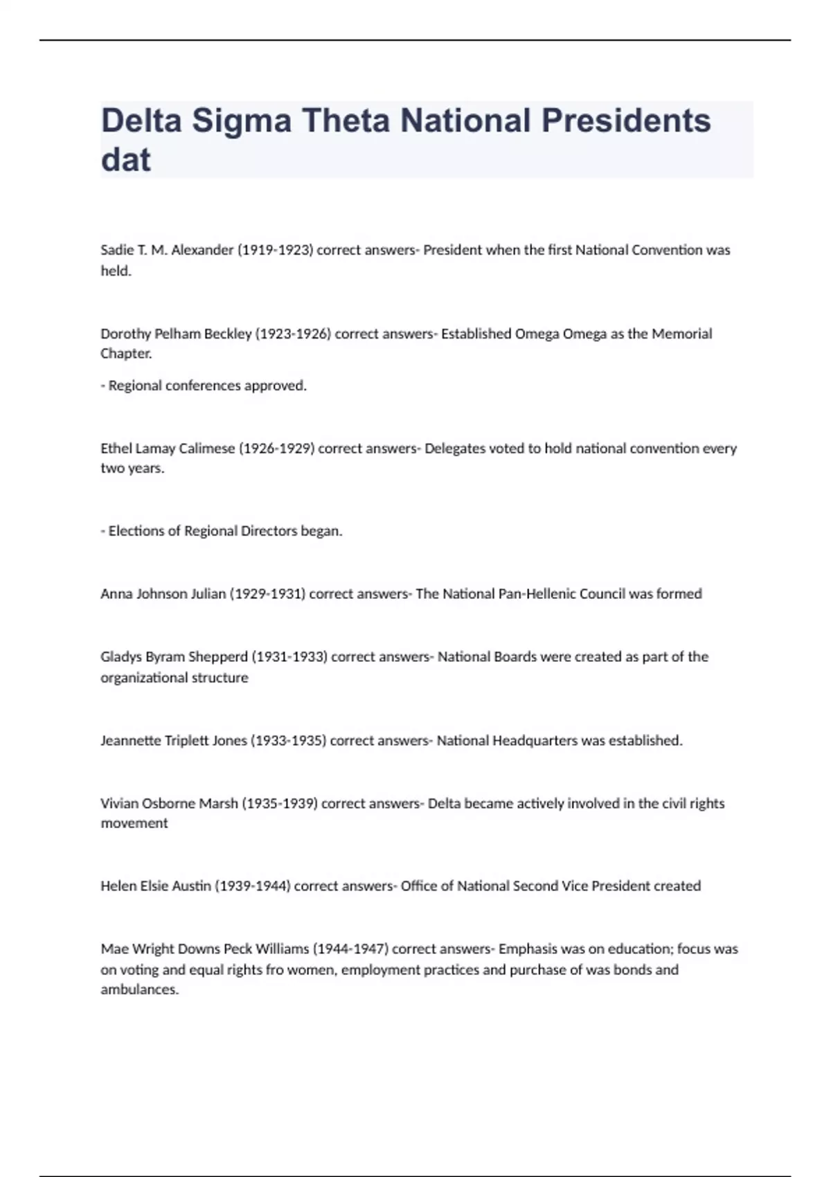 Delta Sigma Theta National Presidents dat EXAM WITH COMPLETE SOLUTIONS ...