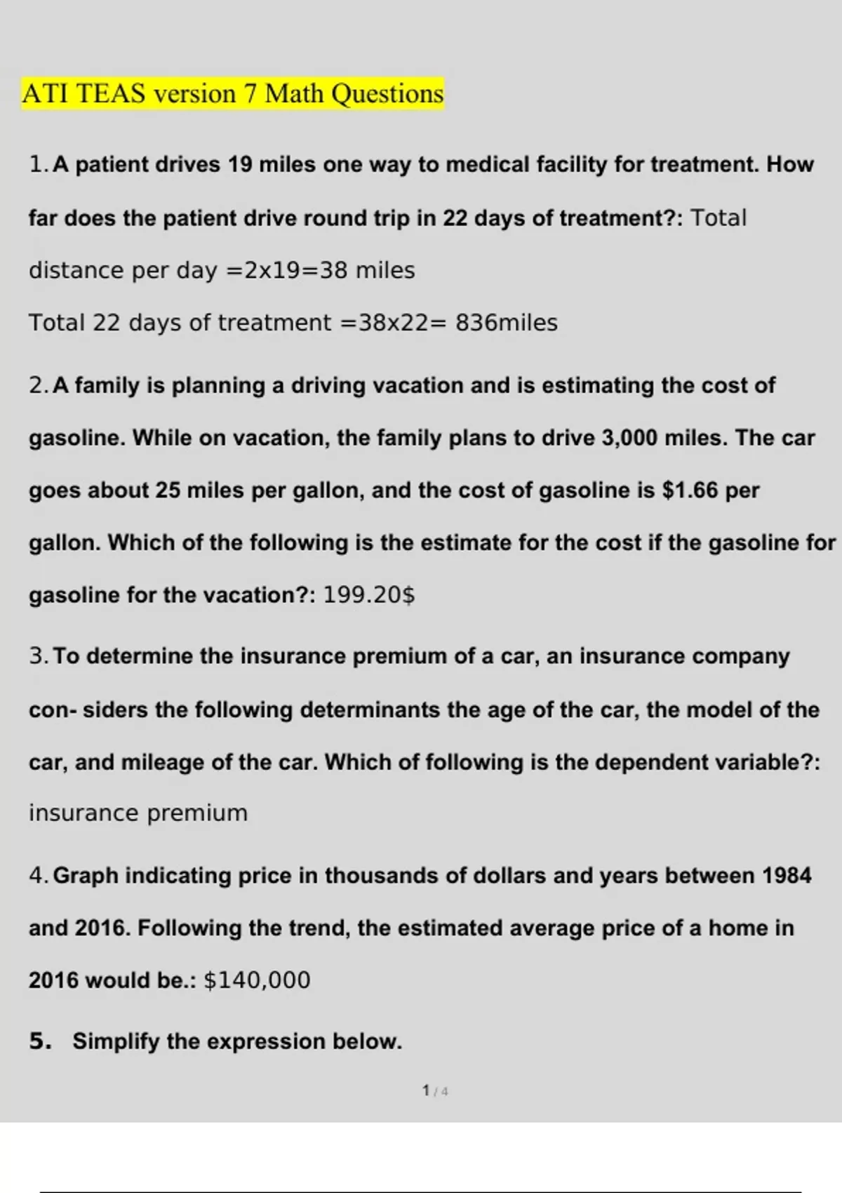 ATI TEAS version 7 Math Exam Questions and Answers (2022/2023 ...