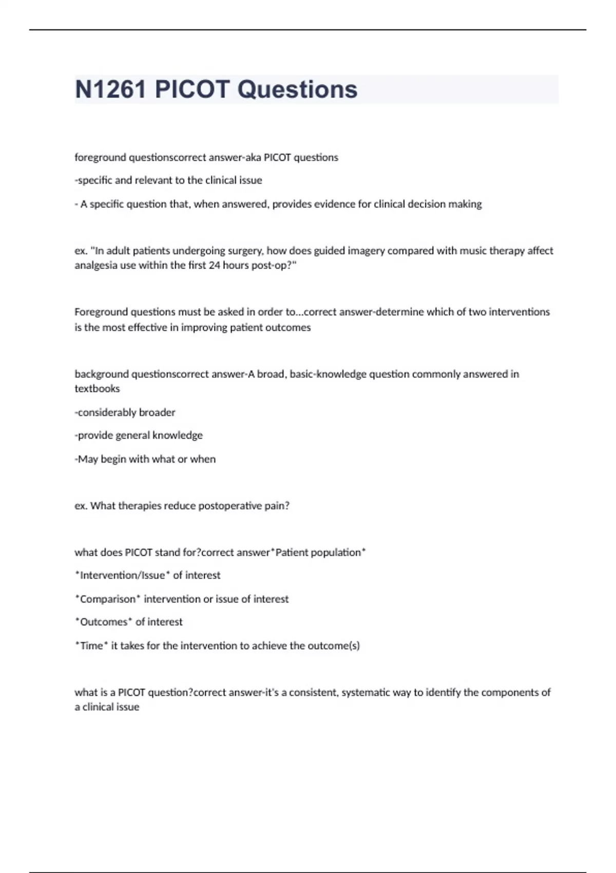 N1261 PICOT practice Questions with correct answers - PICOT - Stuvia US