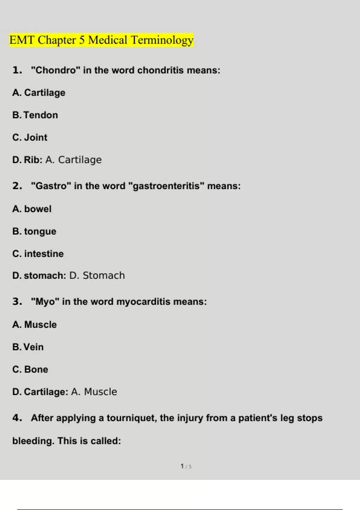EMT Medical Terminology Exam 2025 Chapter 5 Questions and Answers (2025 ...