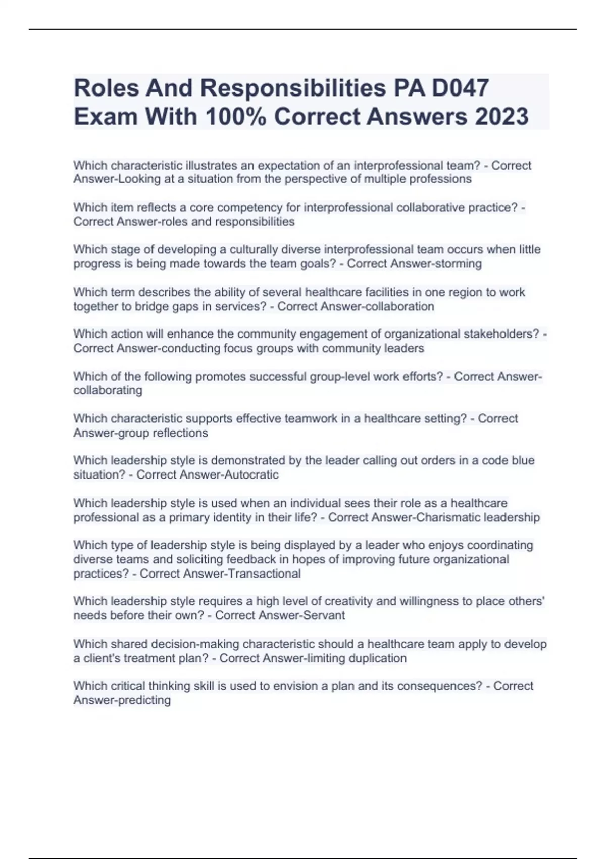 Roles And Responsibilities PA D047 Exam With 100% Correct Answers 2023 ...