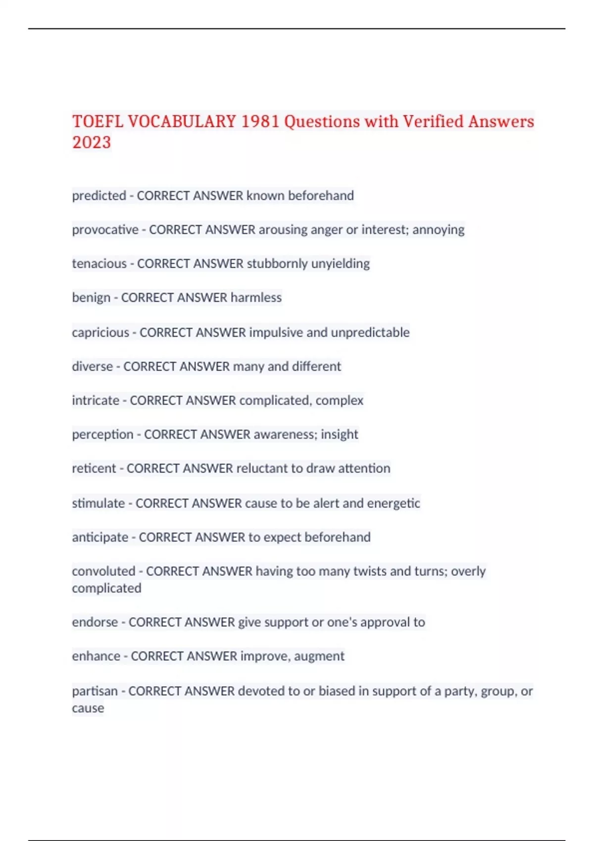 TOEFL VOCABULARY 1981 Questions with Verified Answers 2023,100% CORRECT ...