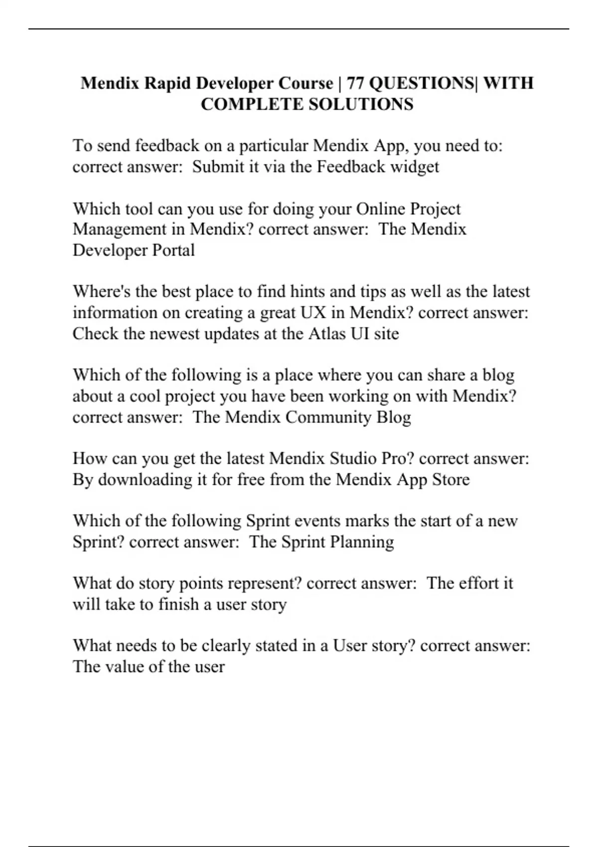 Mendix Rapid Developer Course | 77 QUESTIONS| WITH COMPLETE SOLUTIONS - Mendix - Stuvia NL