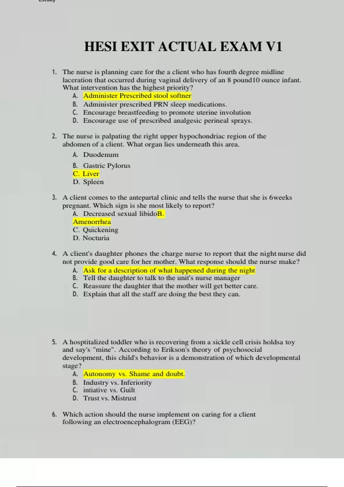 HESI EXIT ACTUAL EXAM V1 and V2 - Stuvia US