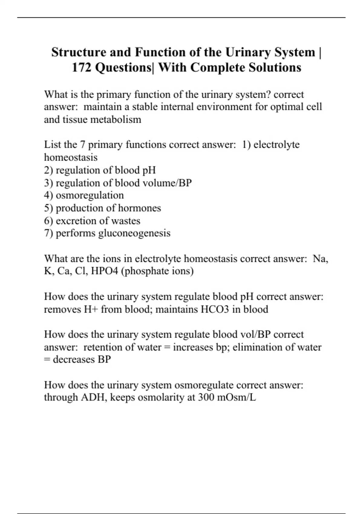 Structure and Function of the Urinary System | 172 Questions| With ...
