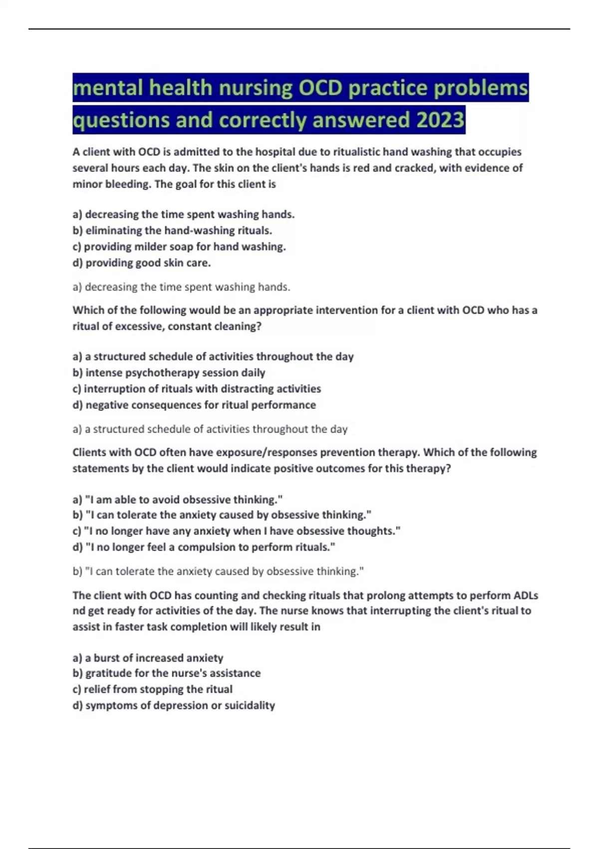 mental health nursing OCD practice problems questions and correctly ...