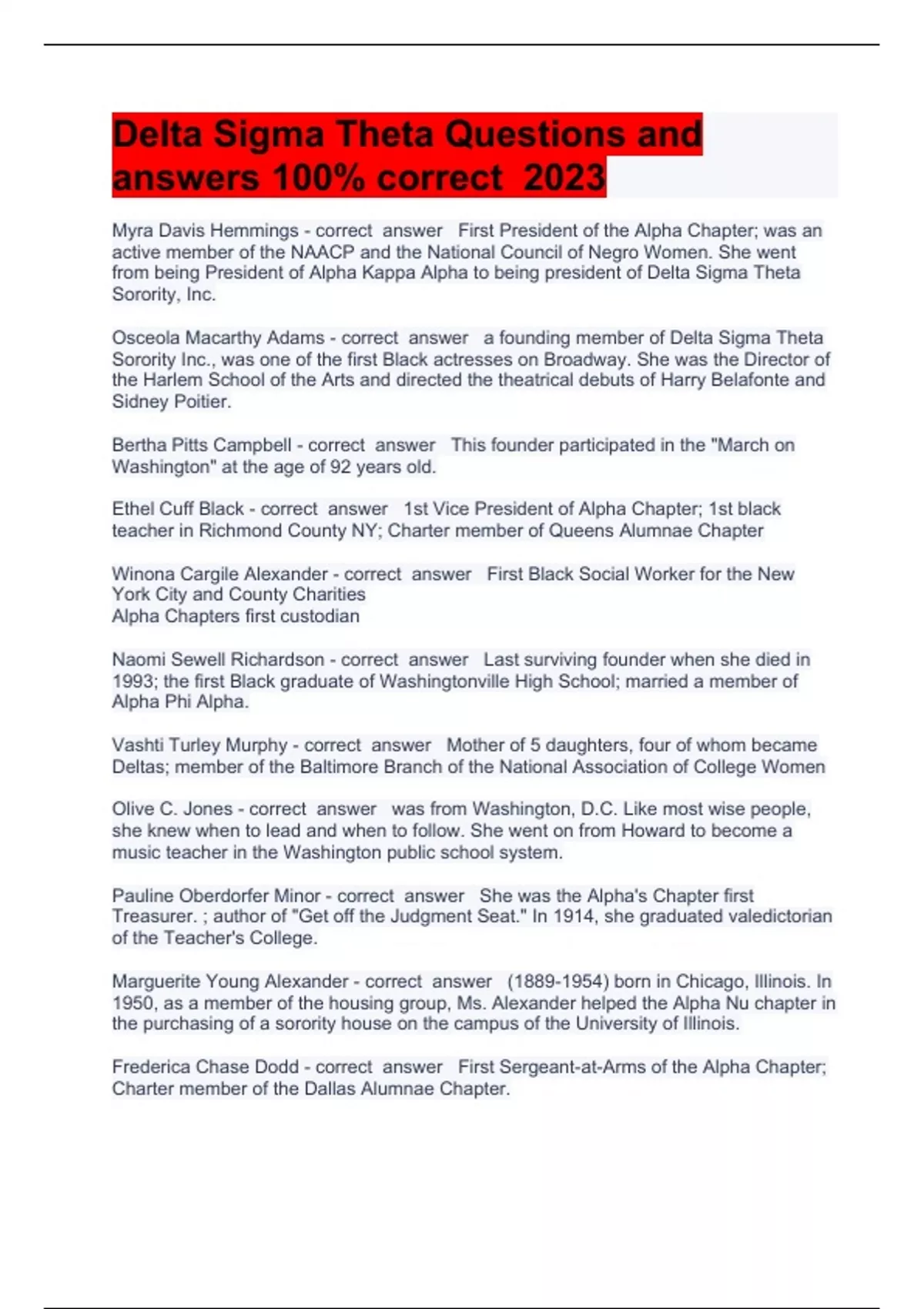 Delta Sigma Theta Questions and answers 100% correct 2023 - Delta Sigma ...