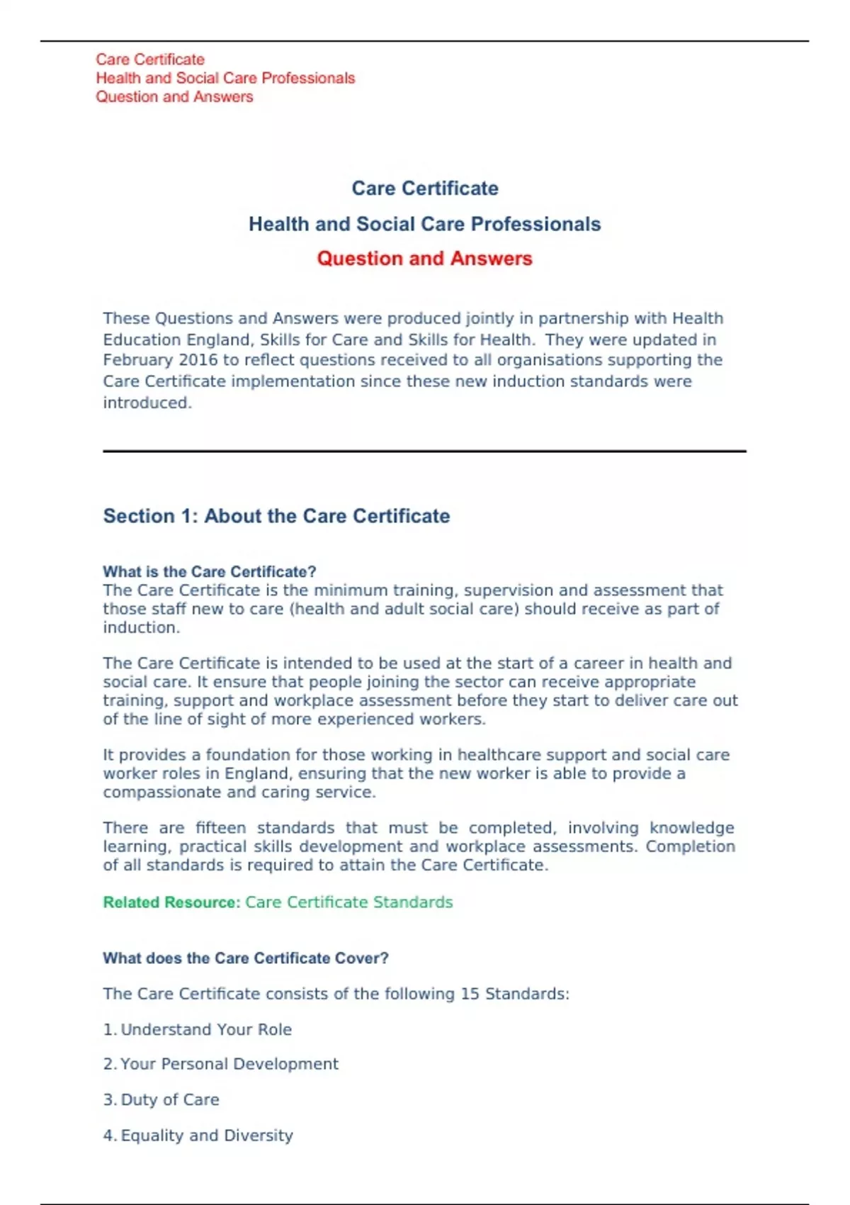 Care Certificate Health and Social Care Professionals Question and ...