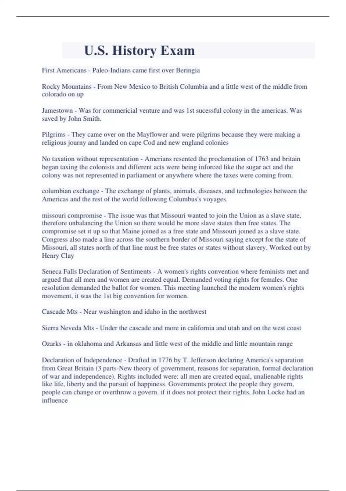 U.S. History Exam With Complete Solution - U.S. History - Stuvia US