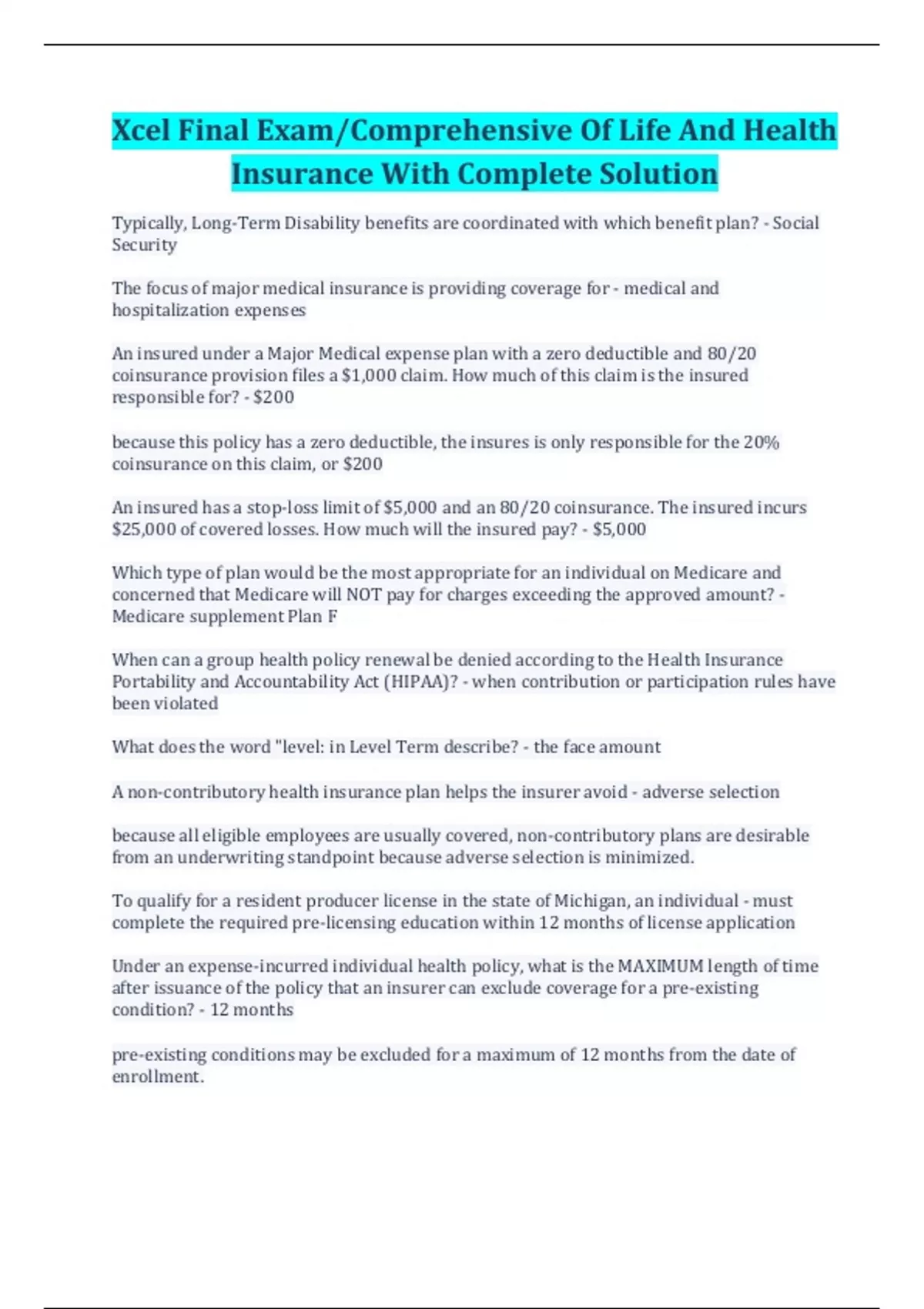 Xcel Final Exam/Comprehensive Of Life And Health Insurance With ...