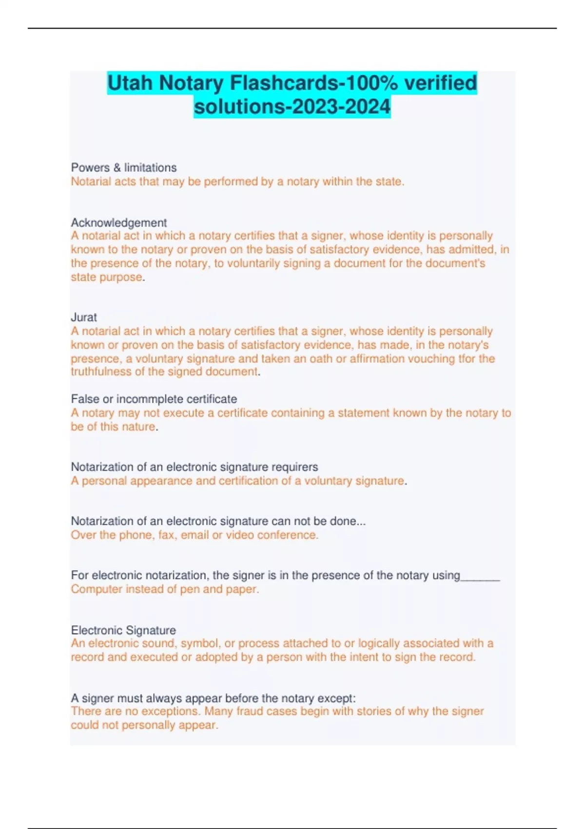 Utah Notary Flashcards-100% verified solutions- - Utah Notary - Stuvia US