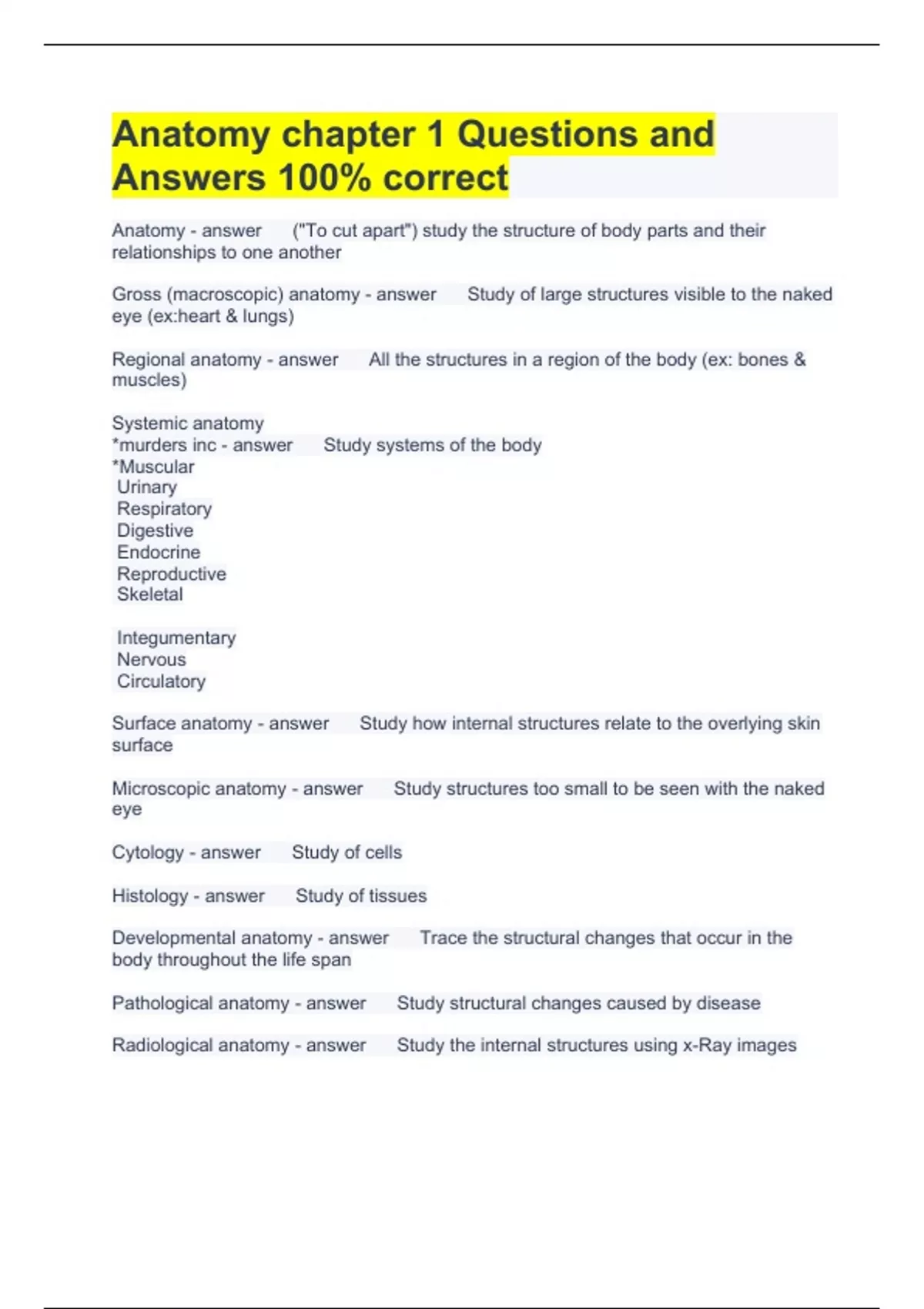 Anatomy chapter 1 Questions and Answers 100% correct - Anatomy - Stuvia US