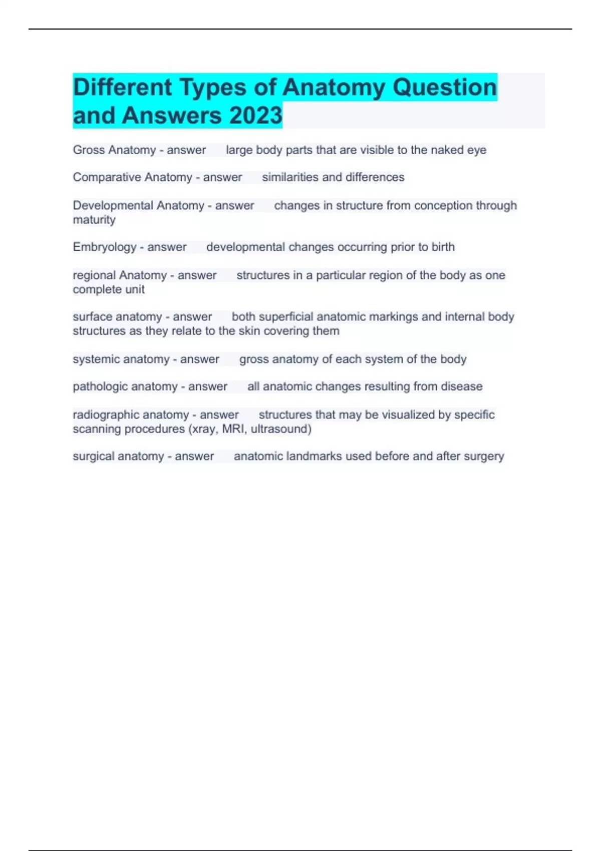 Different Types of Anatomy Question and Answers 2023 - Anatomy - Stuvia US