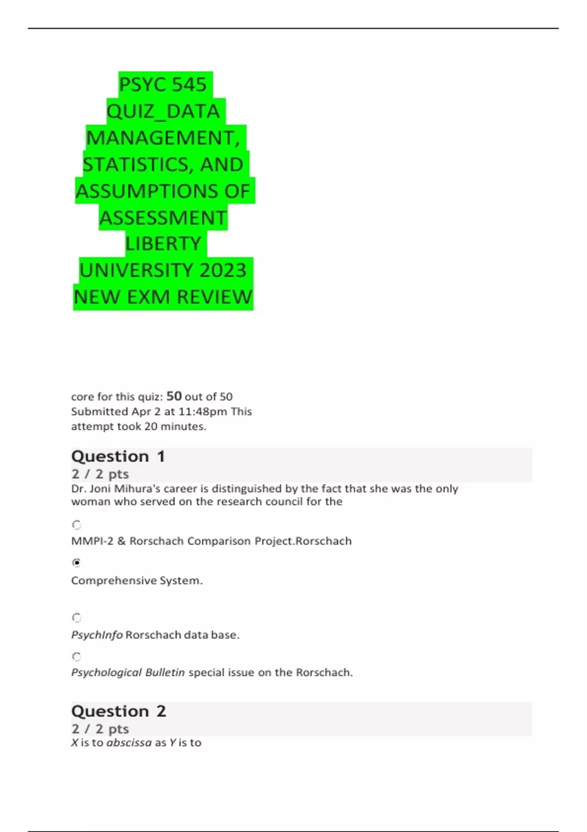 PSYC 545 QUIZ_DATA MANAGEMENT, STATISTICS, AND ASSUMPTIONS OF ASSESSMENT LIBERTY UNIVERSITY 2023 ...