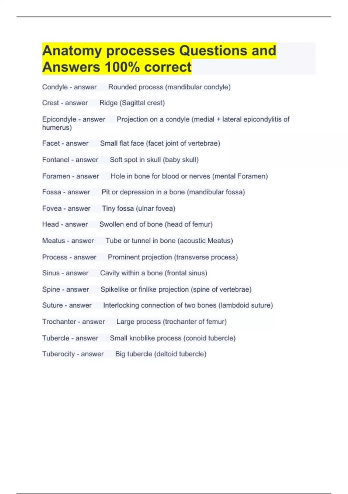 Anatomy processes Questions and Answers 100% correct - Anatomy - Stuvia US