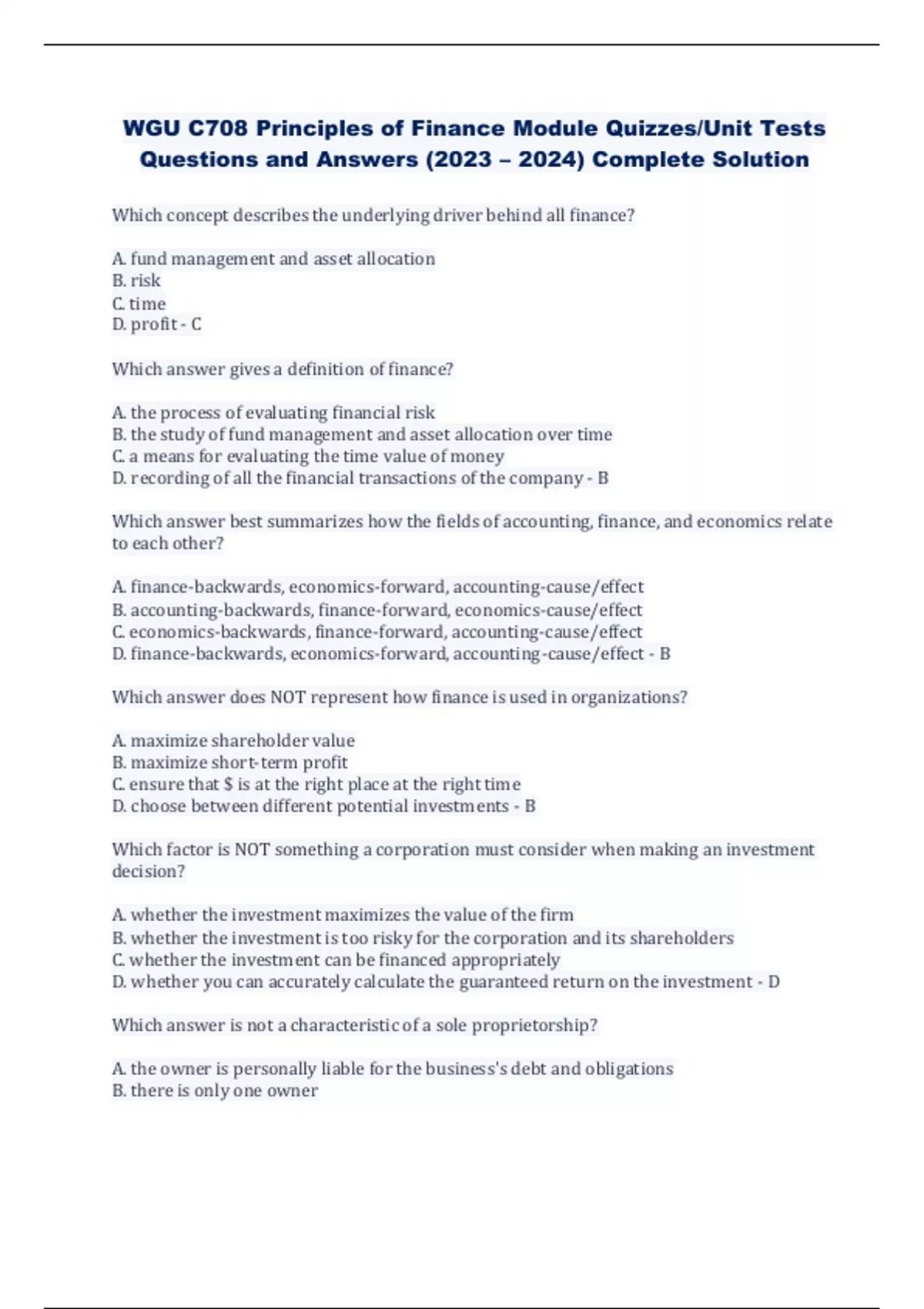 WGU C708 Principles of Finance Module Quizzes/Unit Tests Questions and ...