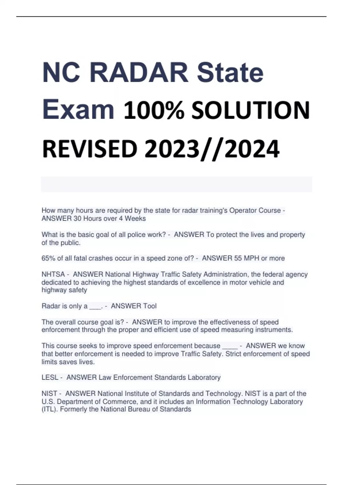 NC RADAR State Exam 100% SOLUTION REVISED 2023//2024 - NC RADAR - Stuvia US