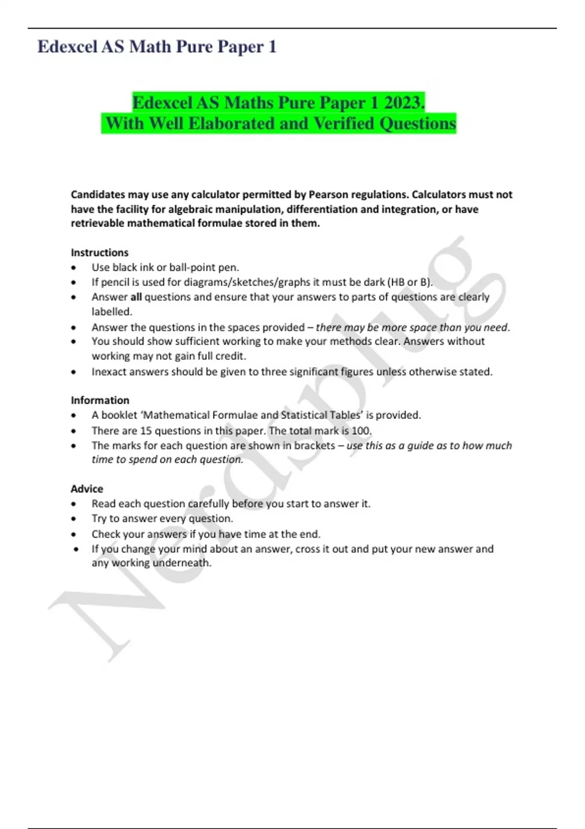 Edexcel AS Maths Pure Paper 1 2023. With Well Elaborated and Verified ...